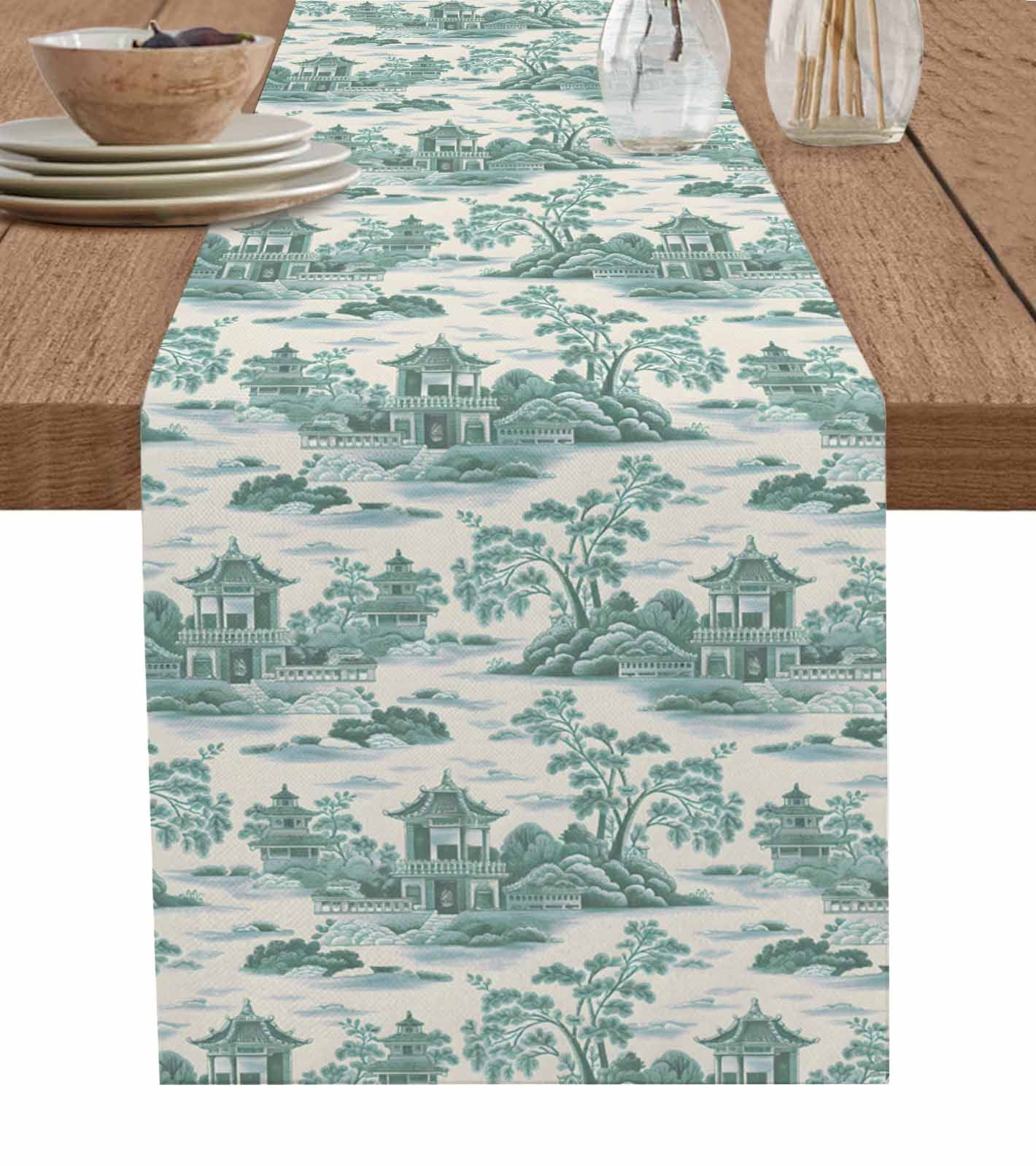 Teal Garden Table Runner 120 Inches, Modern Art Building Trees Rock ...