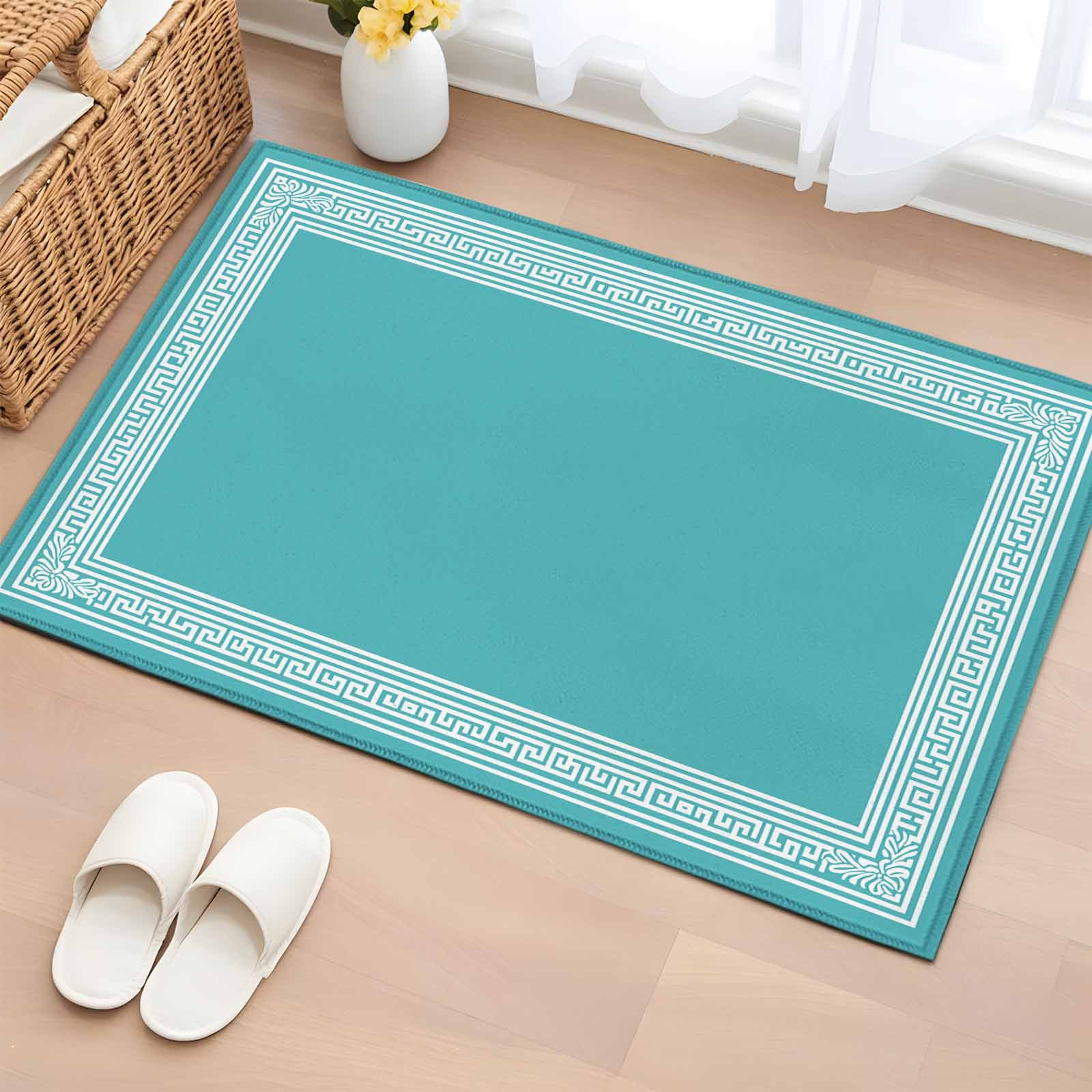 Teal Geometric 2x3 Door Mat Rug, White Greek Key Design Abstract Modern ...