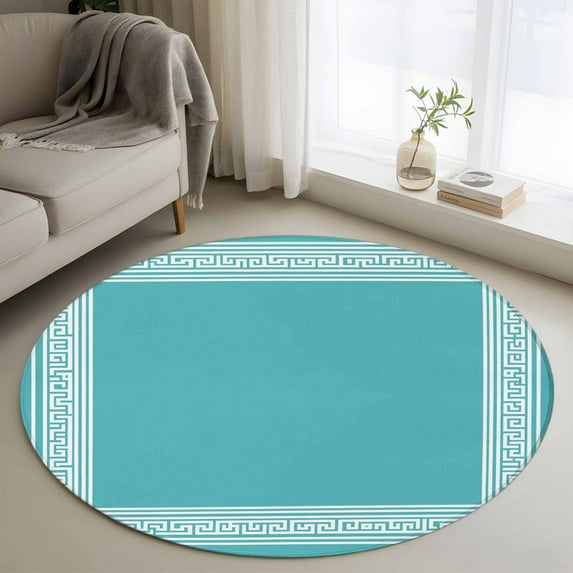Teal Geometric 3.3ft Round Rug, White Greek Key Design Abstract Modern ...