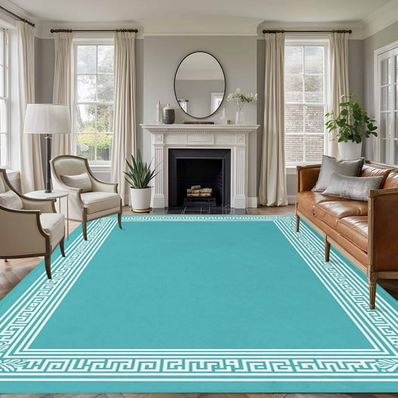 Teal Geometric 8x10 Area Rugs, White Greek Key Design Abstract Modern ...