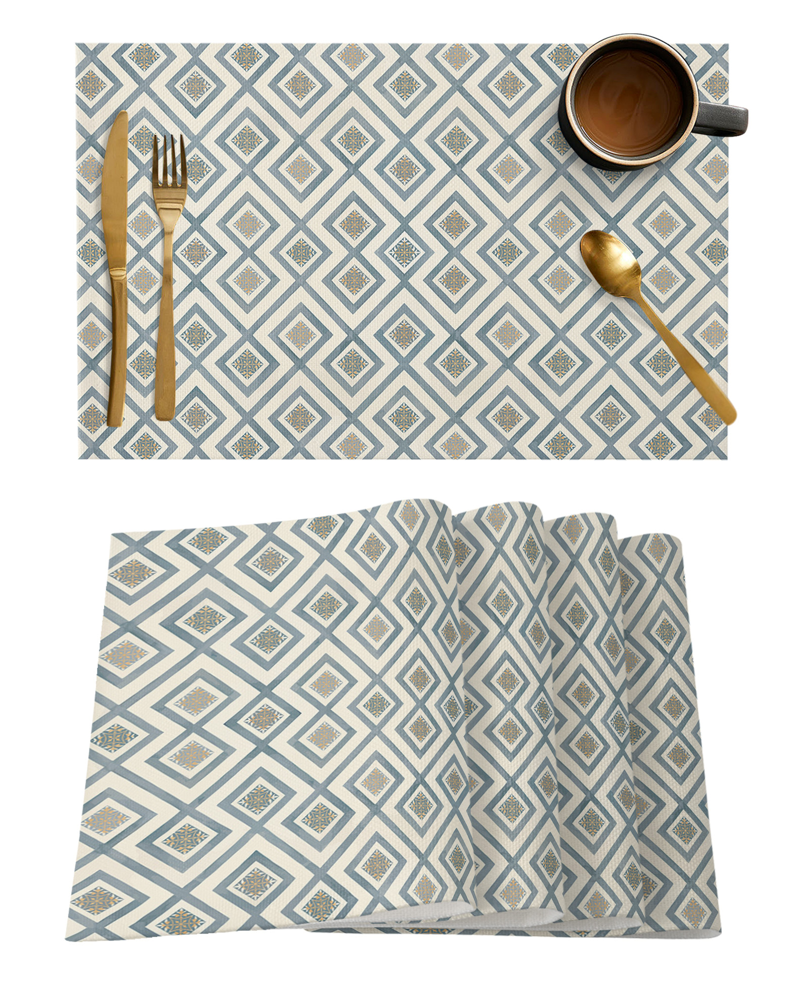 Teal Geometric Placemats Set of 6, Boho Ethnic Plaid Modern Abstract ...