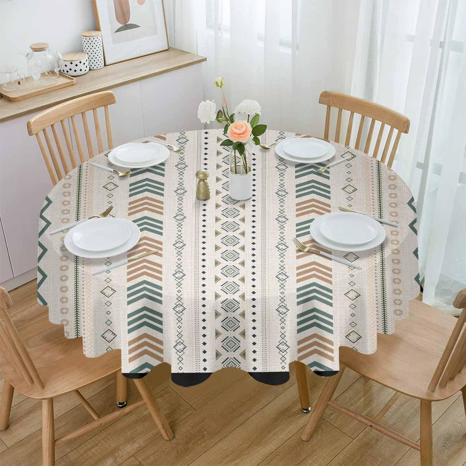 Teal Geometric Round Tablecloth 60 Inch - Waterproof Fabric Table Cloth ...