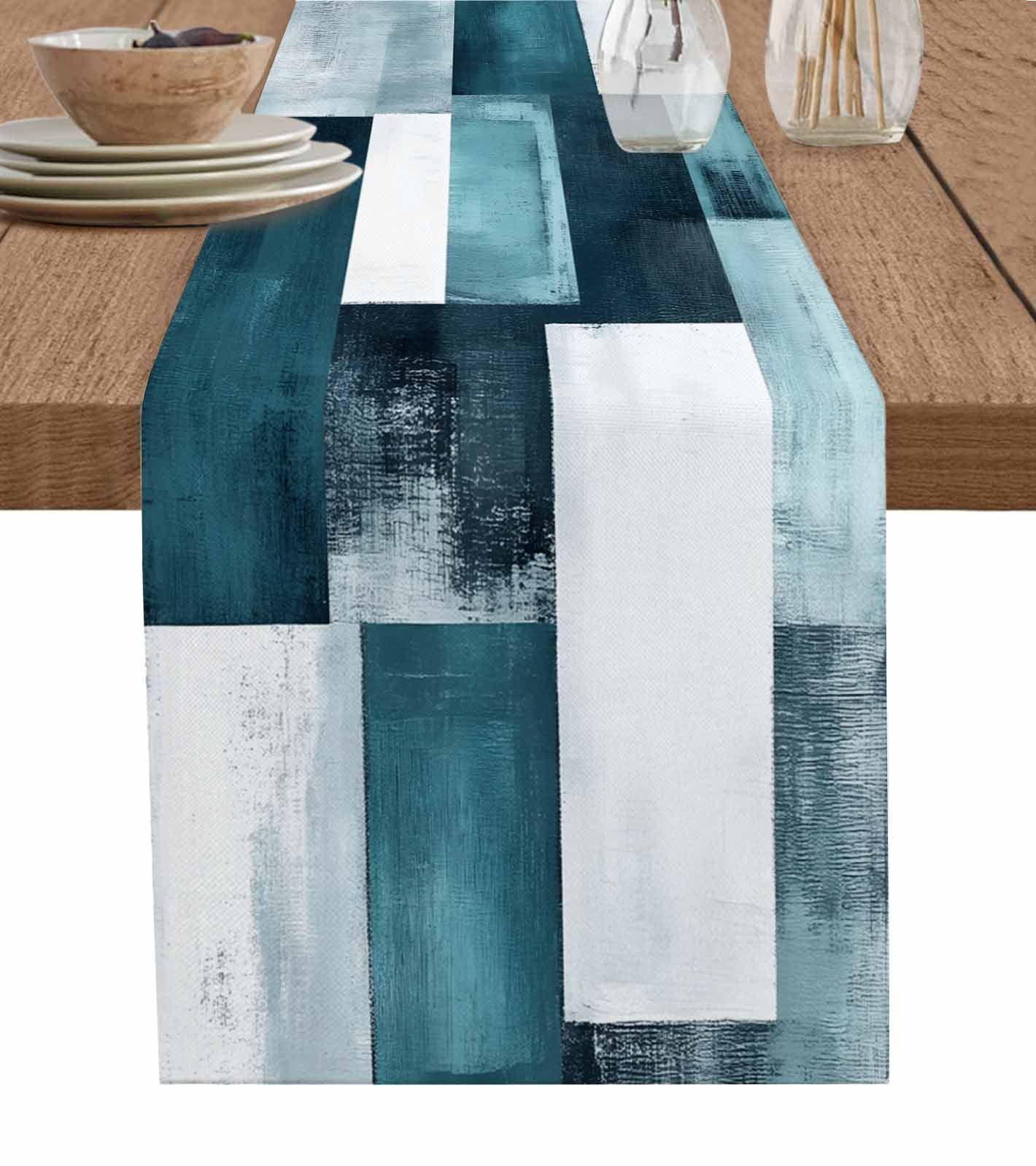 Teal Geometric Table Runner 60 Inches, Vintage Oil Painting ...
