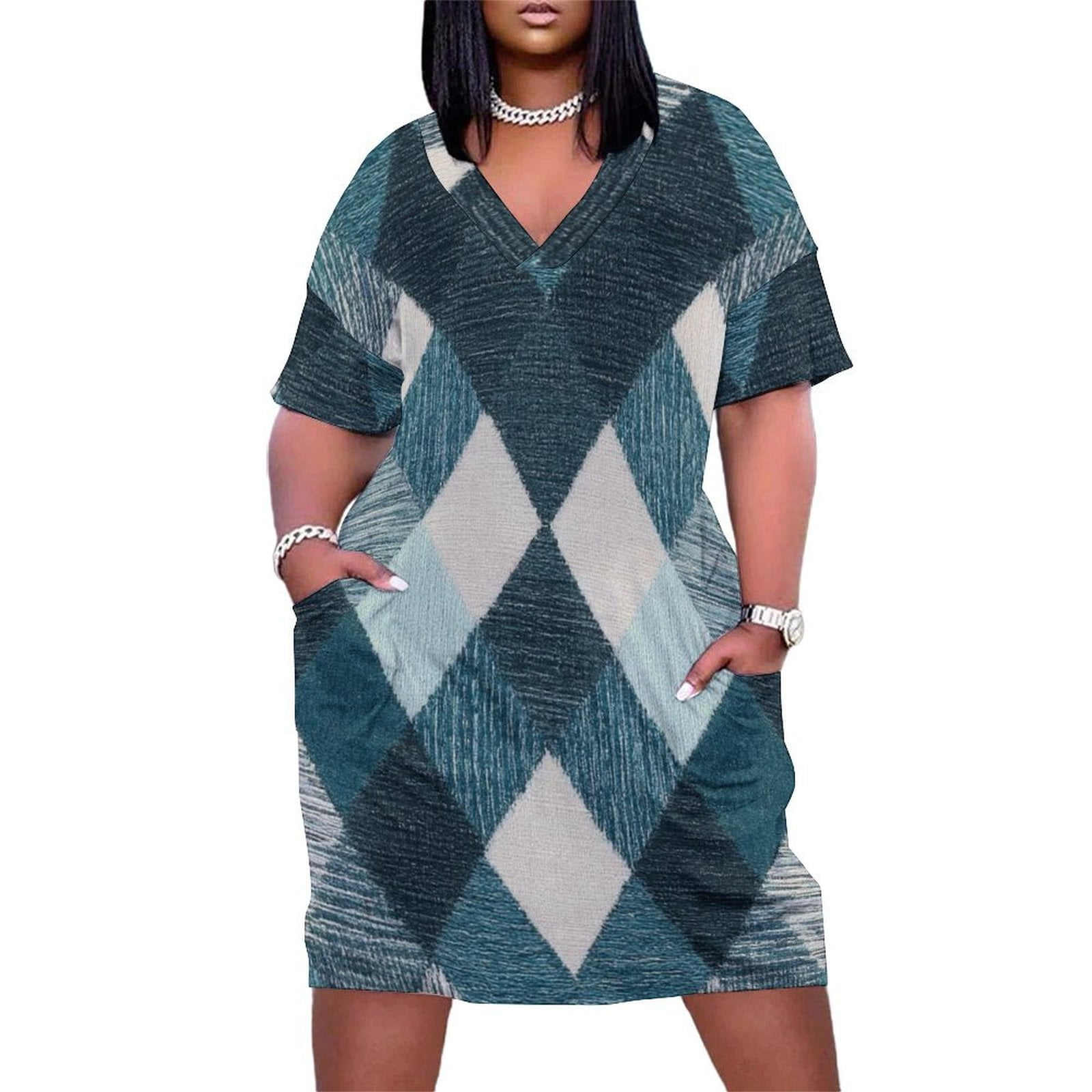 Teal Geometric Woven Textile Pattern Loose Pocket Dress Dresses Summer ...