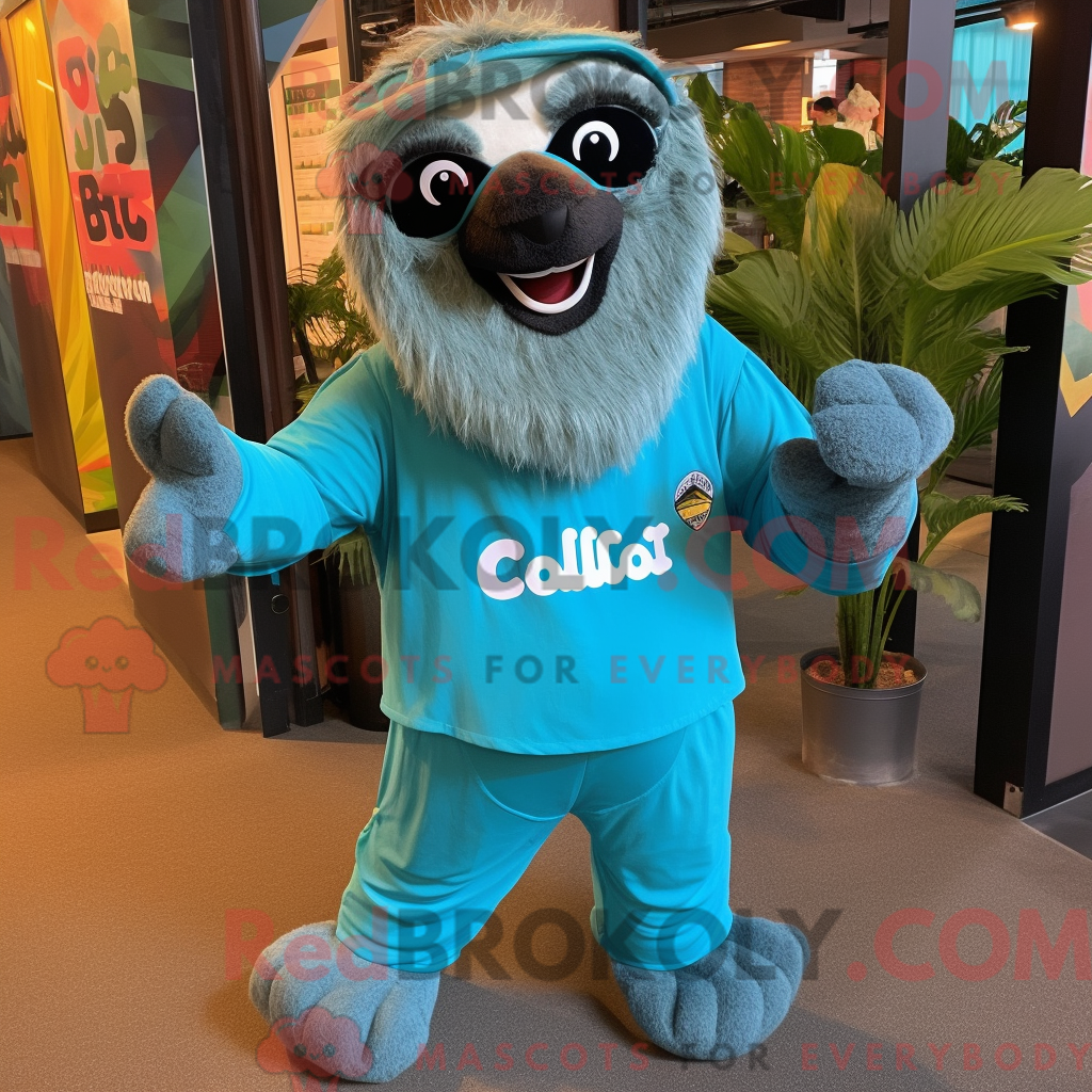 Teal Giant Sloth REDBROKOLY mascot costume character dressed with a ...