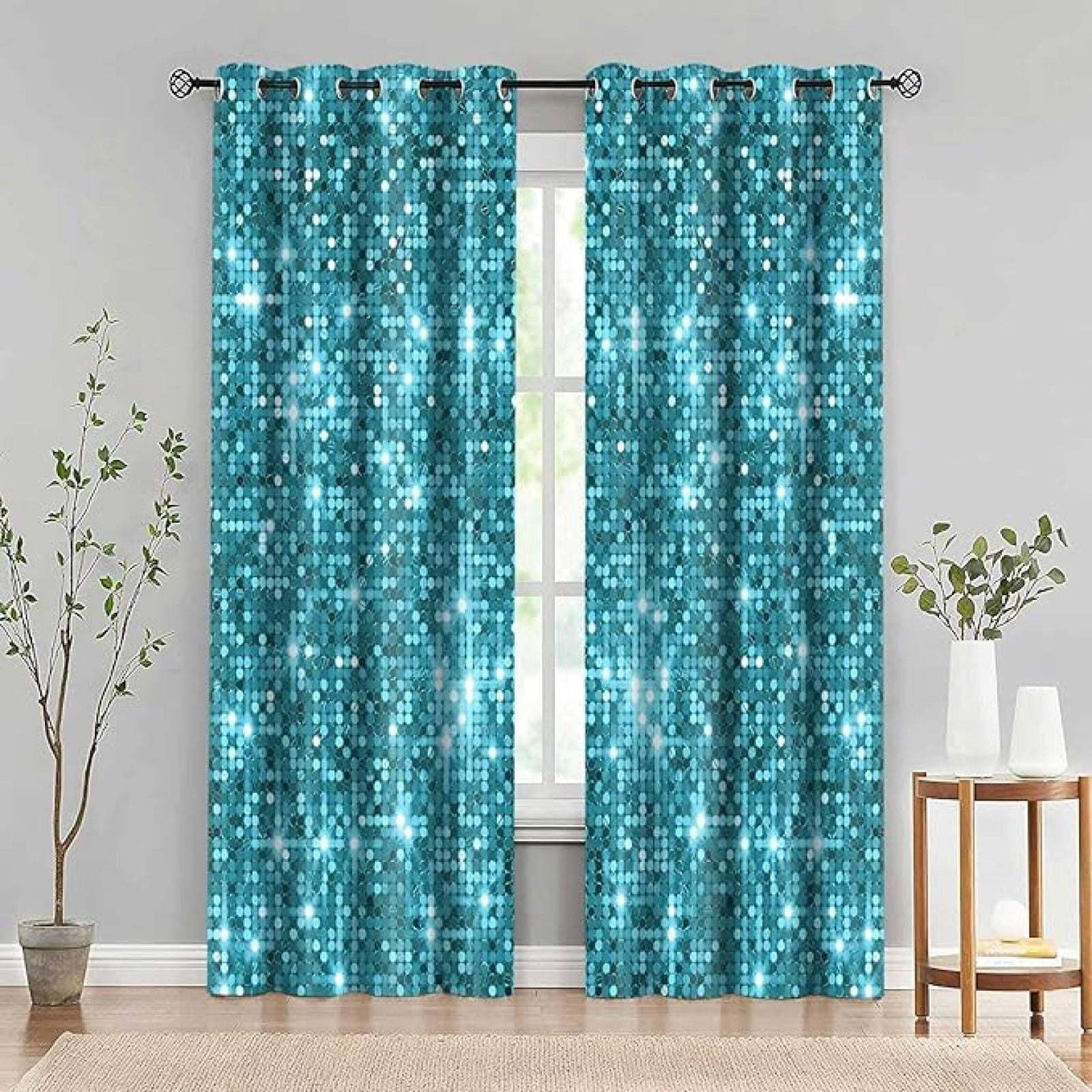 Teal Glitter Curtains Sparkle Turquoise Blackout Window Drapes Darken ...