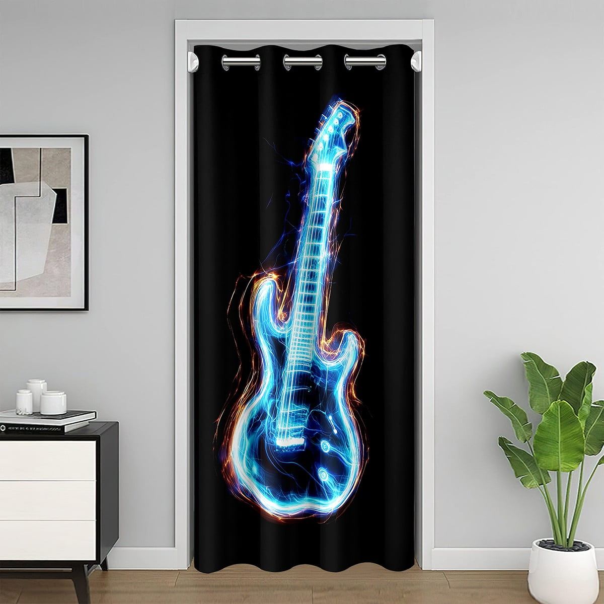 Teal Glitter Guitar Door Curtain for Doorway Privacy,Ombre Rock Roll ...