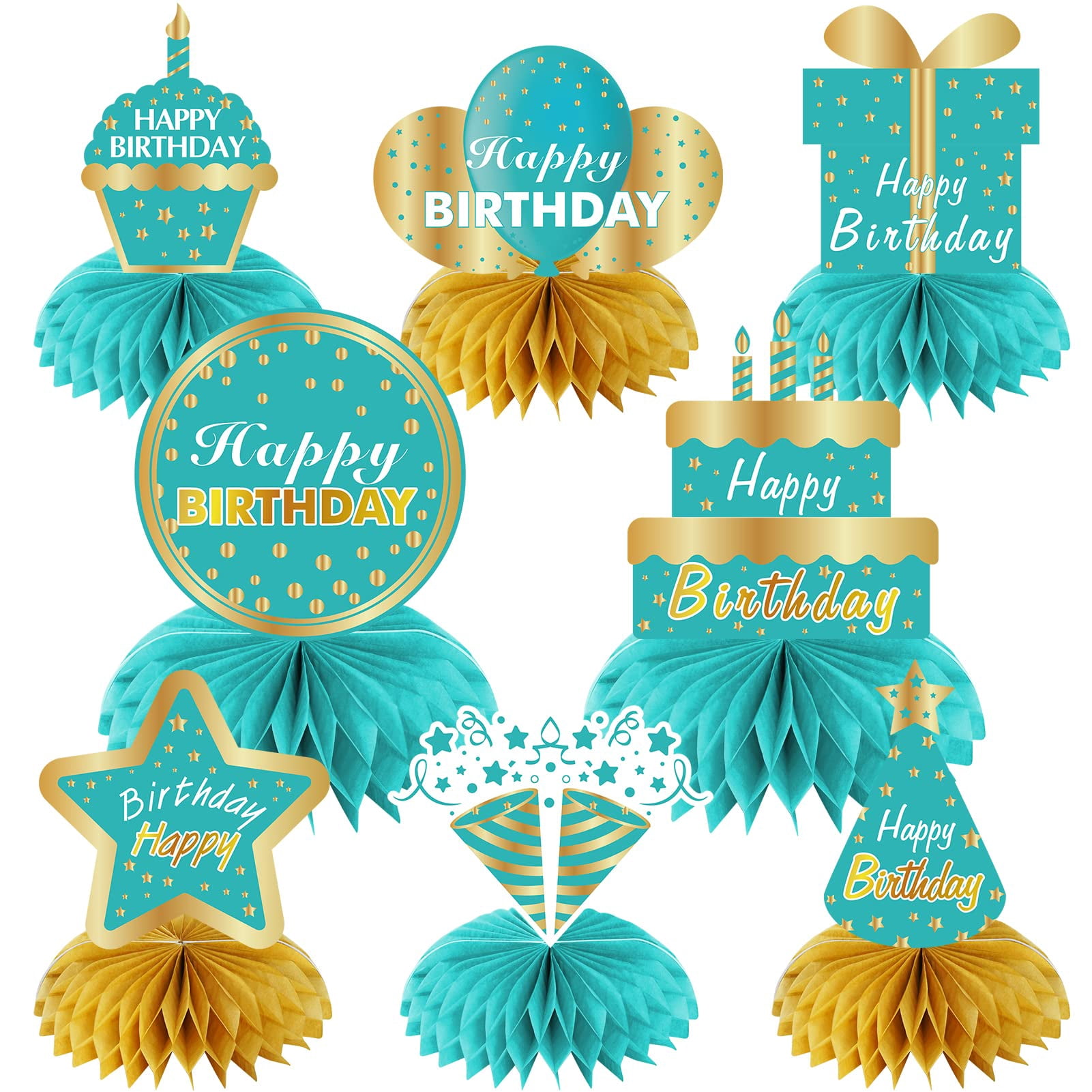 Teal and Gold Birthday MMF7 Decorations Honeycomb Centerpiece for 8Pcs ...