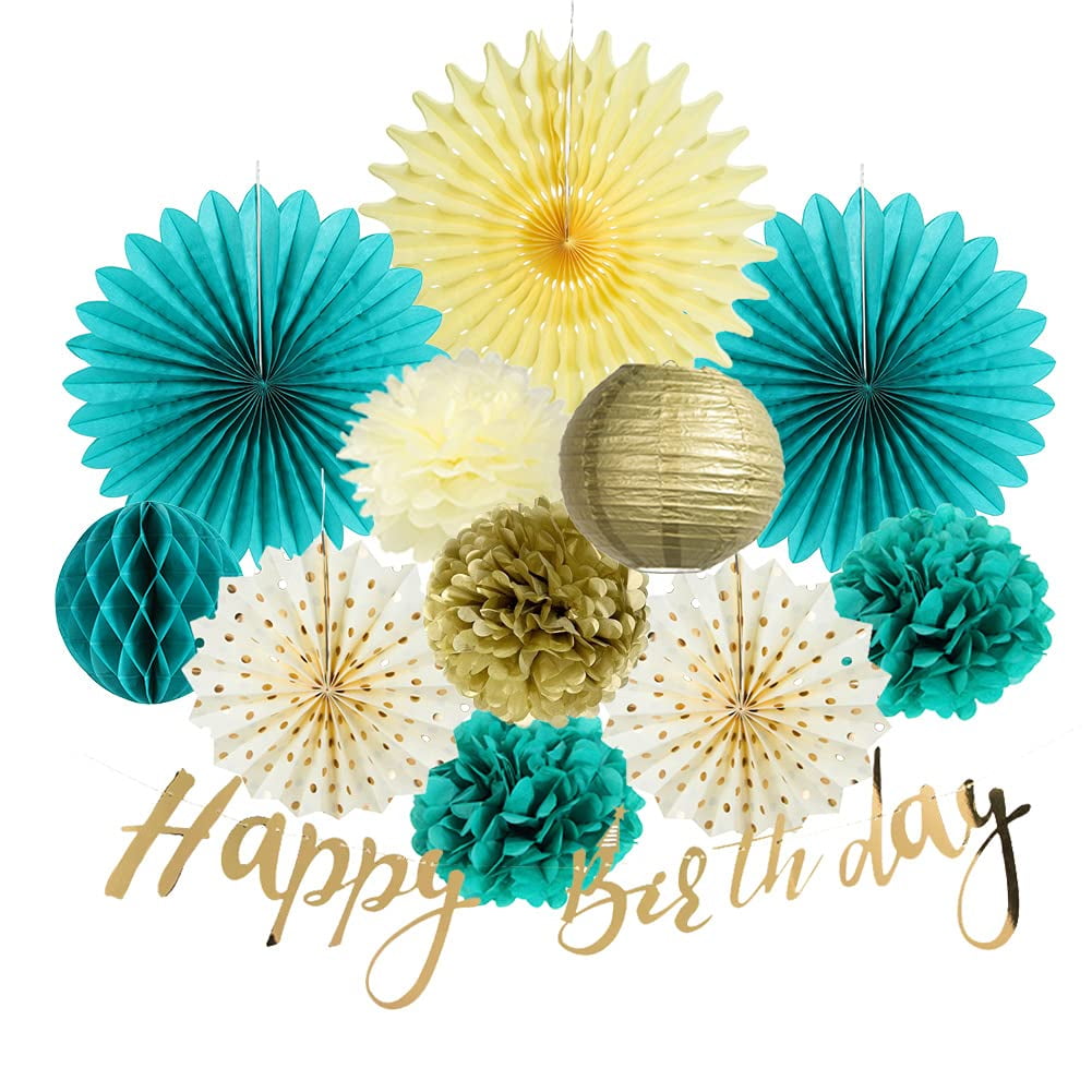 Teal Gold Birthday Party Decorations - Paper Fans, Pom Poms, Banner ...