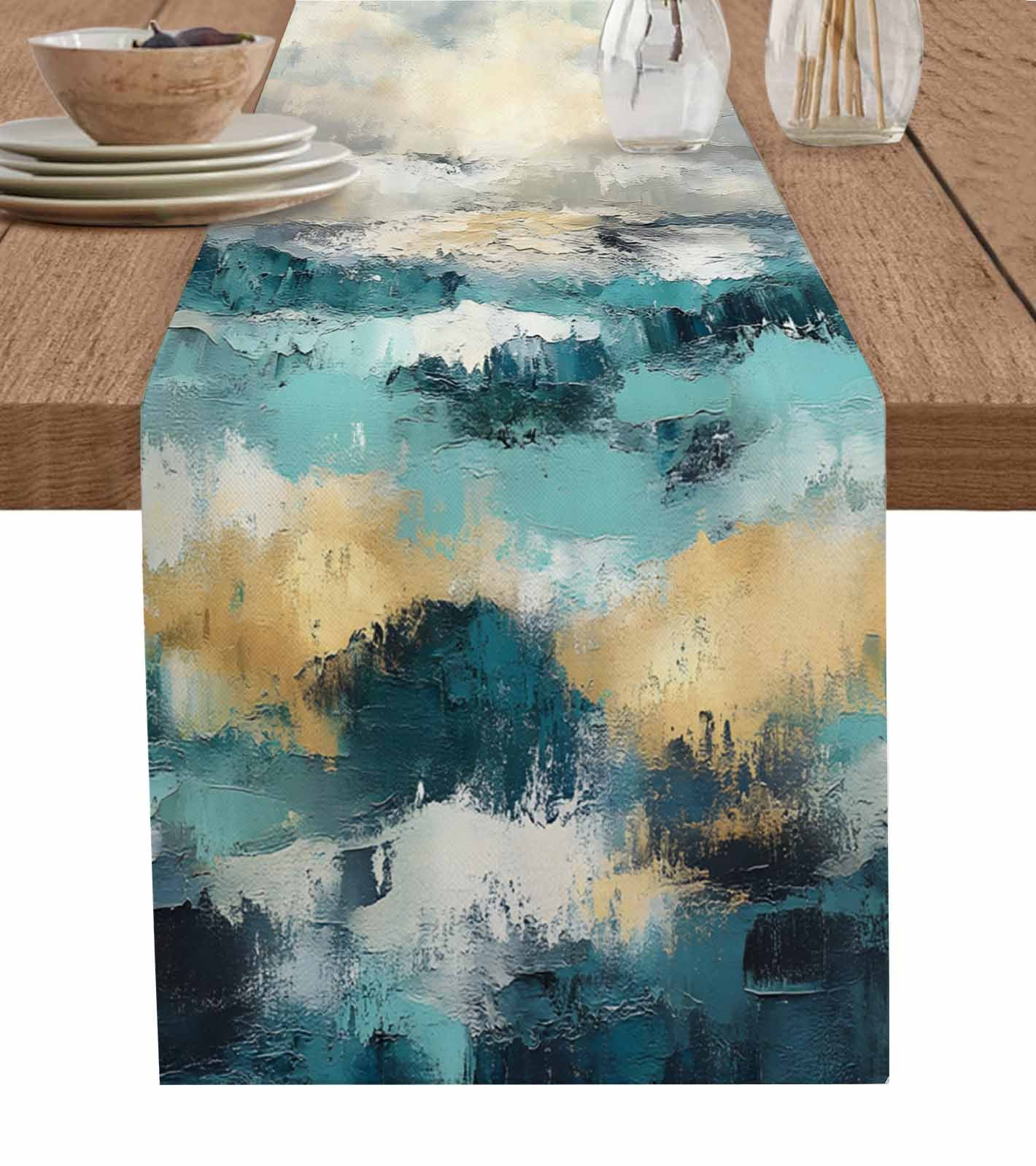 Teal Gold Coastal Wave Table Runner 72 Inches, Abstract Oil Painting ...