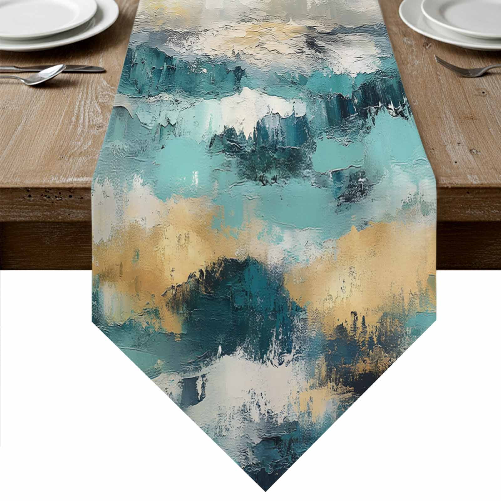 Teal Gold Coastal Wave Table Runner Linen Burlap Table Runner 72 Inches ...