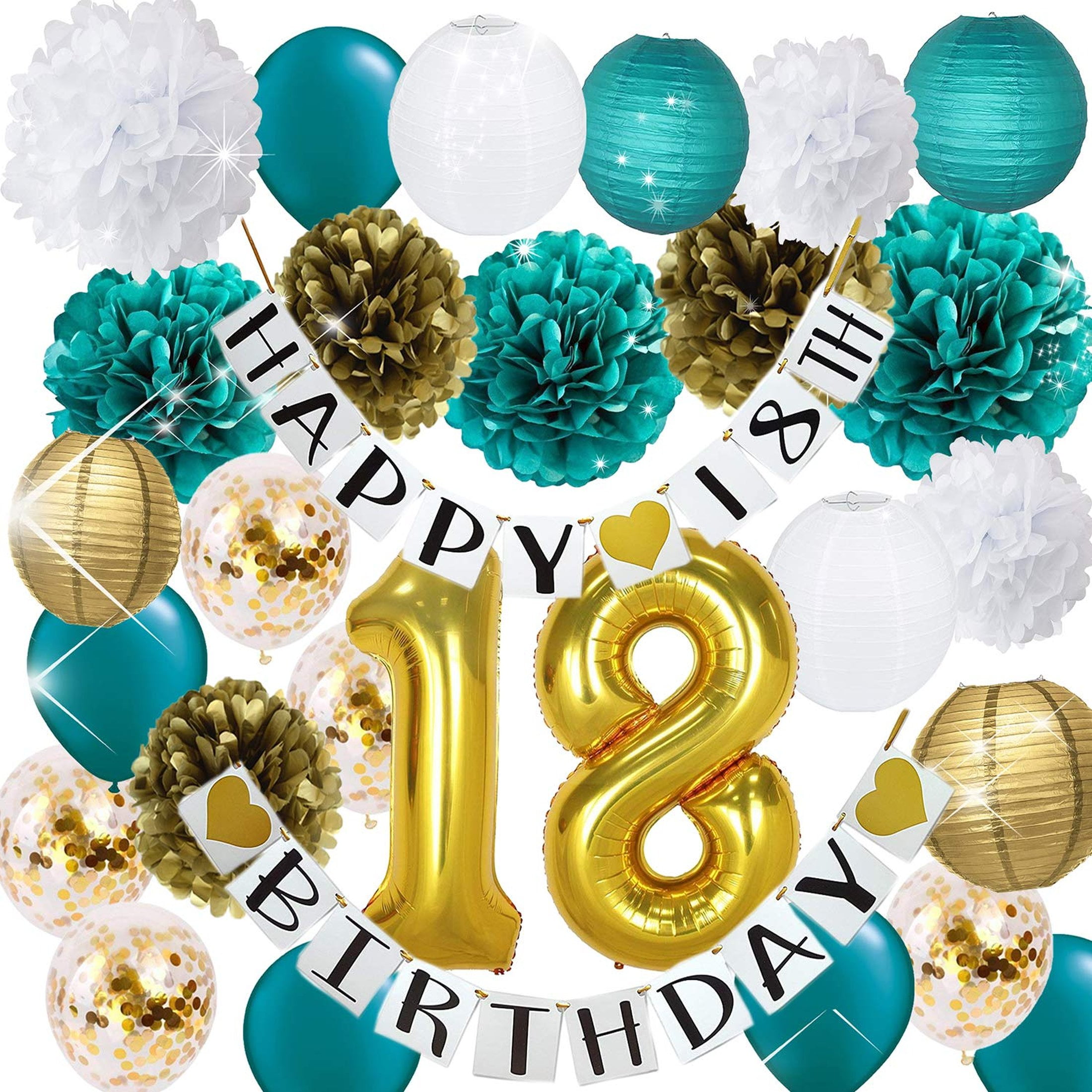 Teal Gold Confetti Party Pack - 18th Birthday Decor Set with Balloons ...