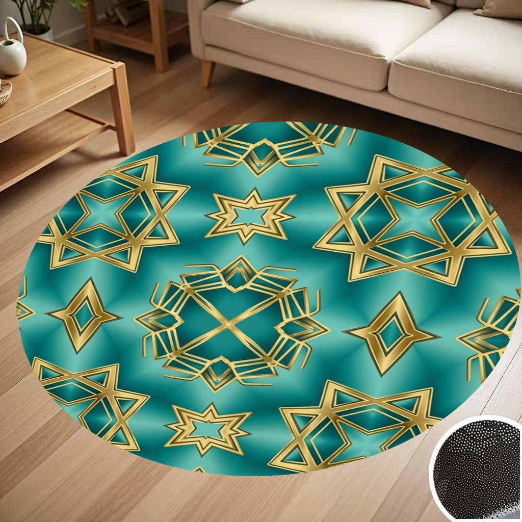 Teal Gold Geometric Pattern Round Carpet Living Room Bedroom Home ...