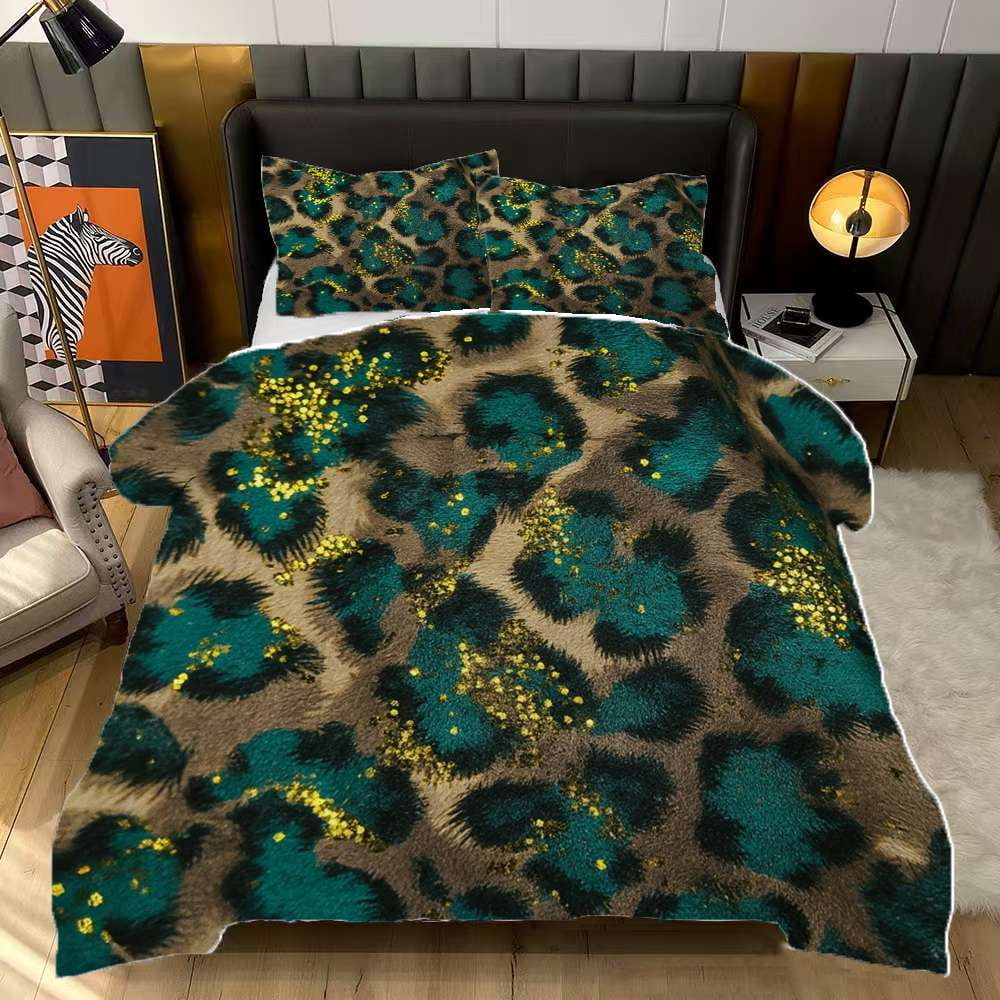 Teal Gold Glitter Leopard Print Comforter Set Queen Size Bedding Set ...