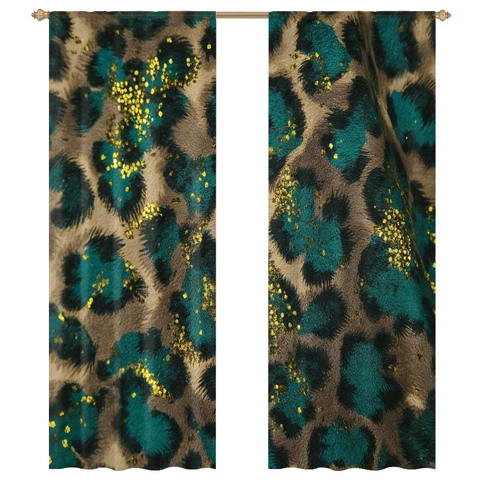 Teal Gold Glitter Leopard Print Sheer Window Curtains for Living Room ...