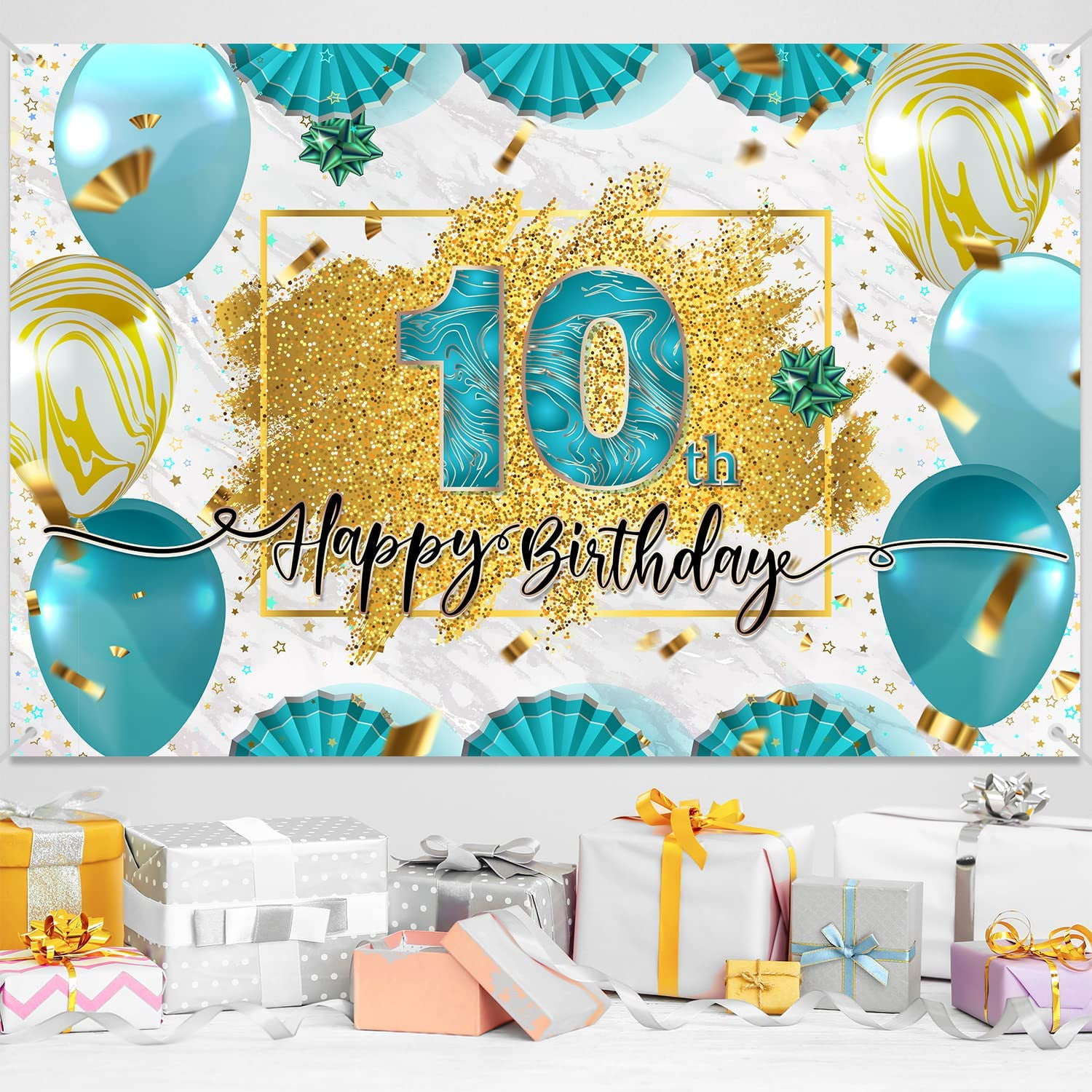 Teal Gold Happy 10th Birthday Backdrop Banner Decorations 10 Years Old ...
