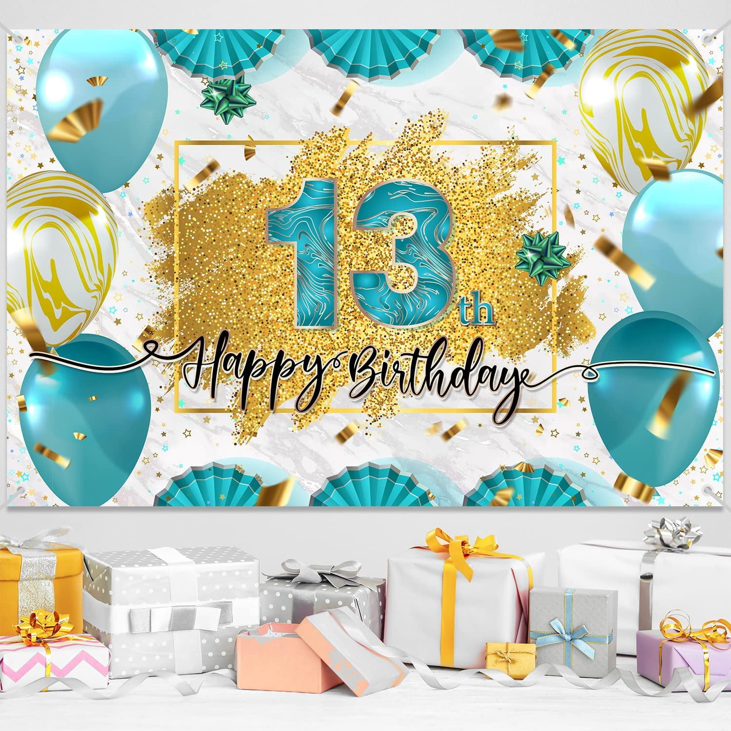 Teal Gold Happy 13th Birthday Backdrop Banner Decorations 13 Years Old ...