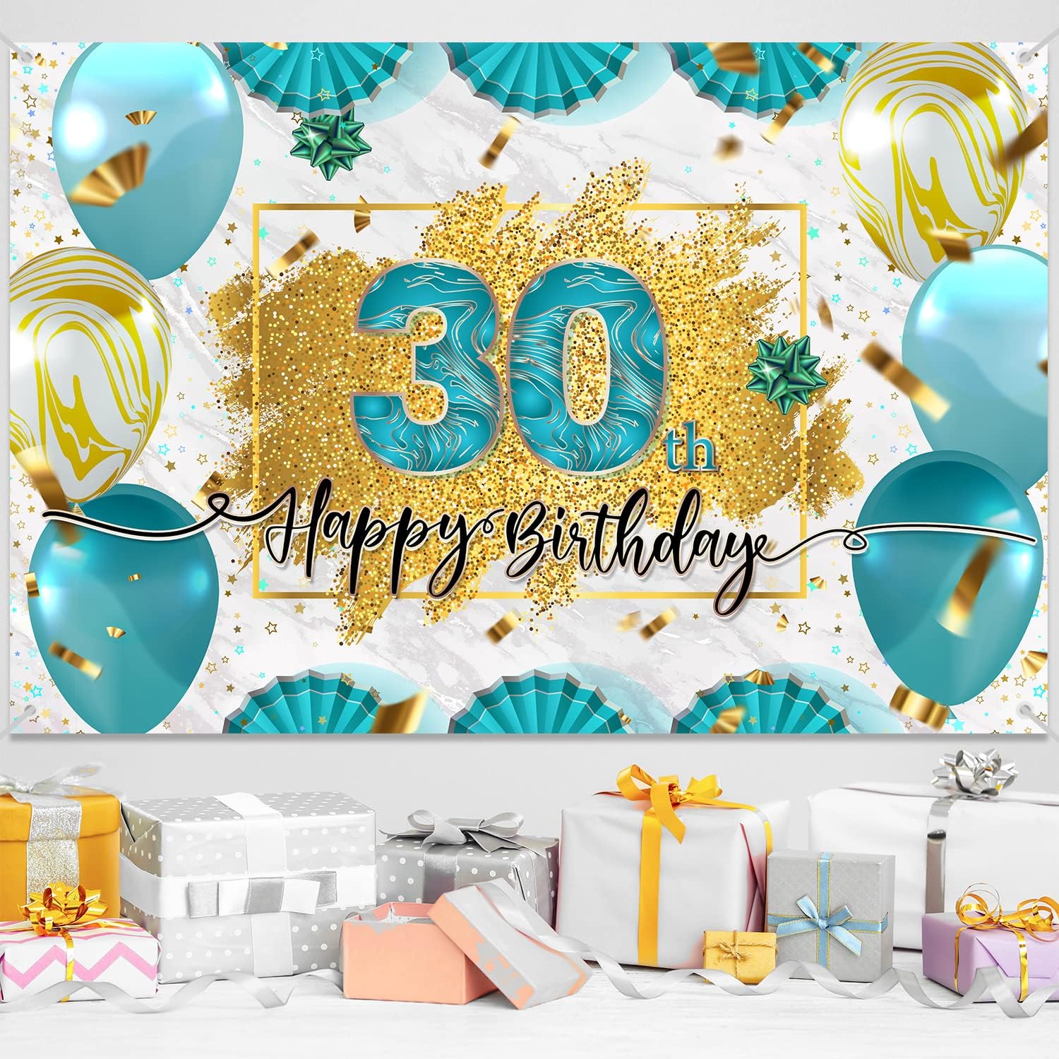 Teal Gold Happy 30th Birthday Backdrop Banner Decorations 30 Years Old ...