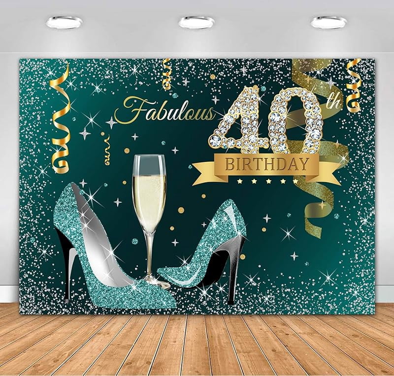 Teal Gold Happy 40th Birthday Backdrop Turquoise Silver Dots High Heels ...