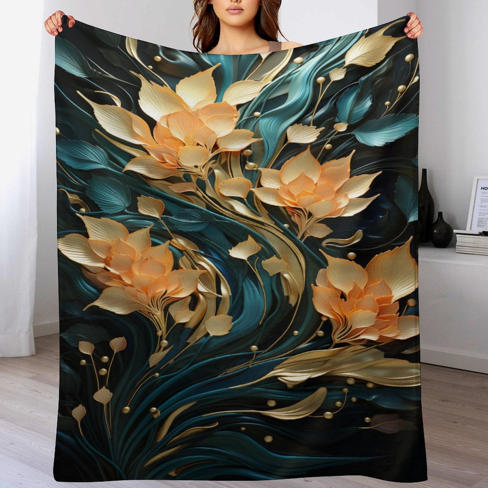 Teal And Gold Leaves Flannel Plush Blanket 60"x80" Abstract Turquoise ...