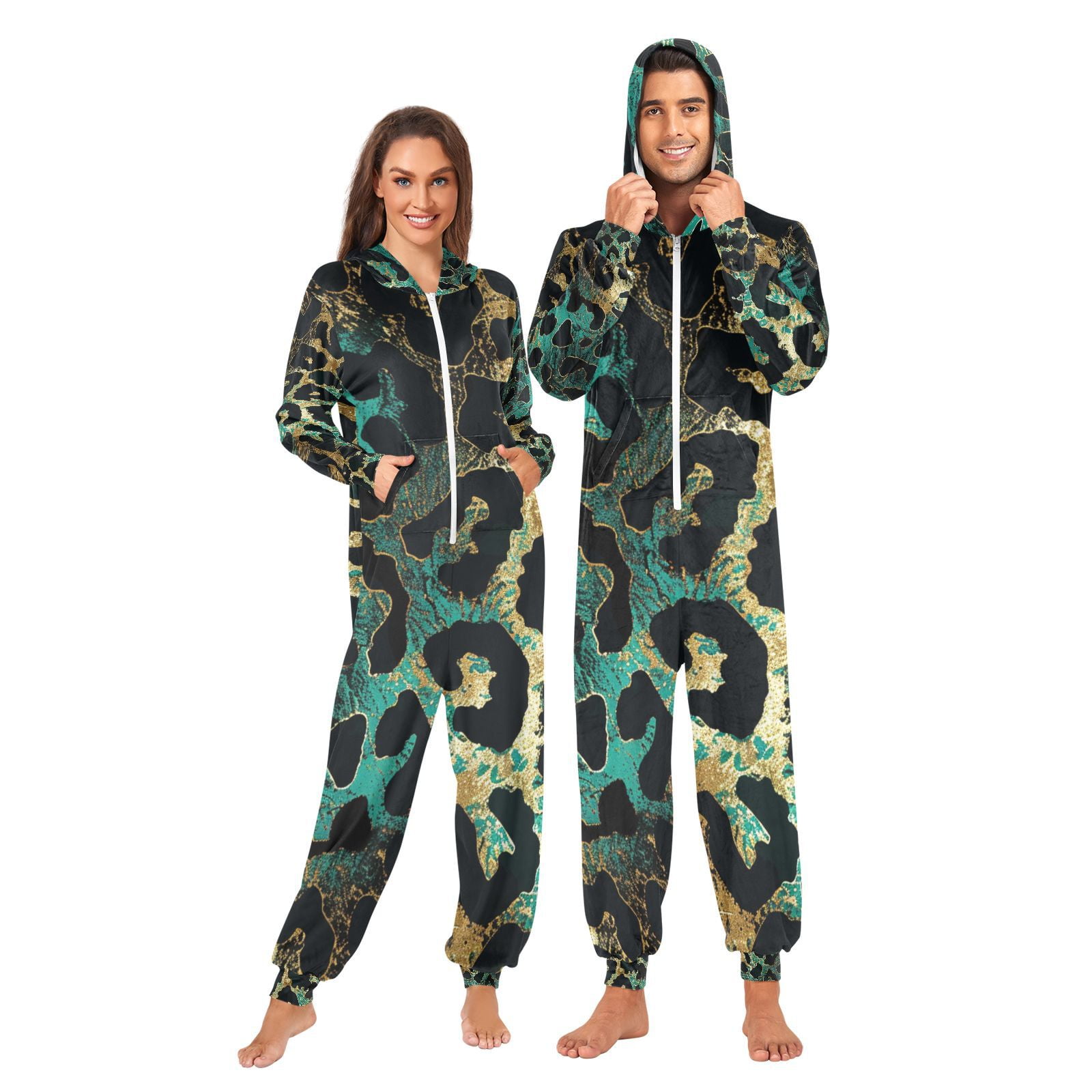 Teal Gold Leopard Adult Onesie Pajamas Slim Fit Christmas One Piece ...