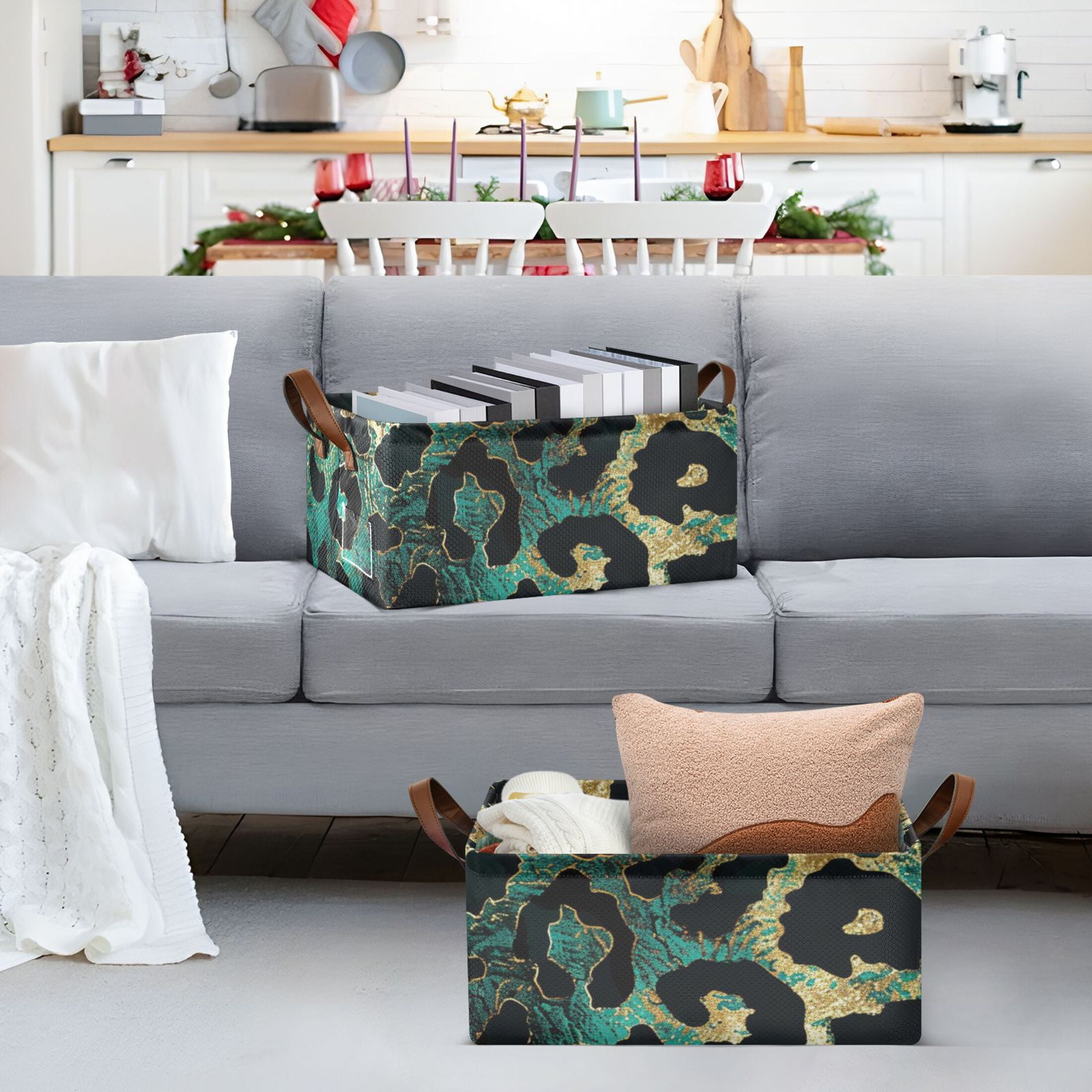 Teal Gold Leopard Storage Bins with Handles Foldable Storage Baskets ...