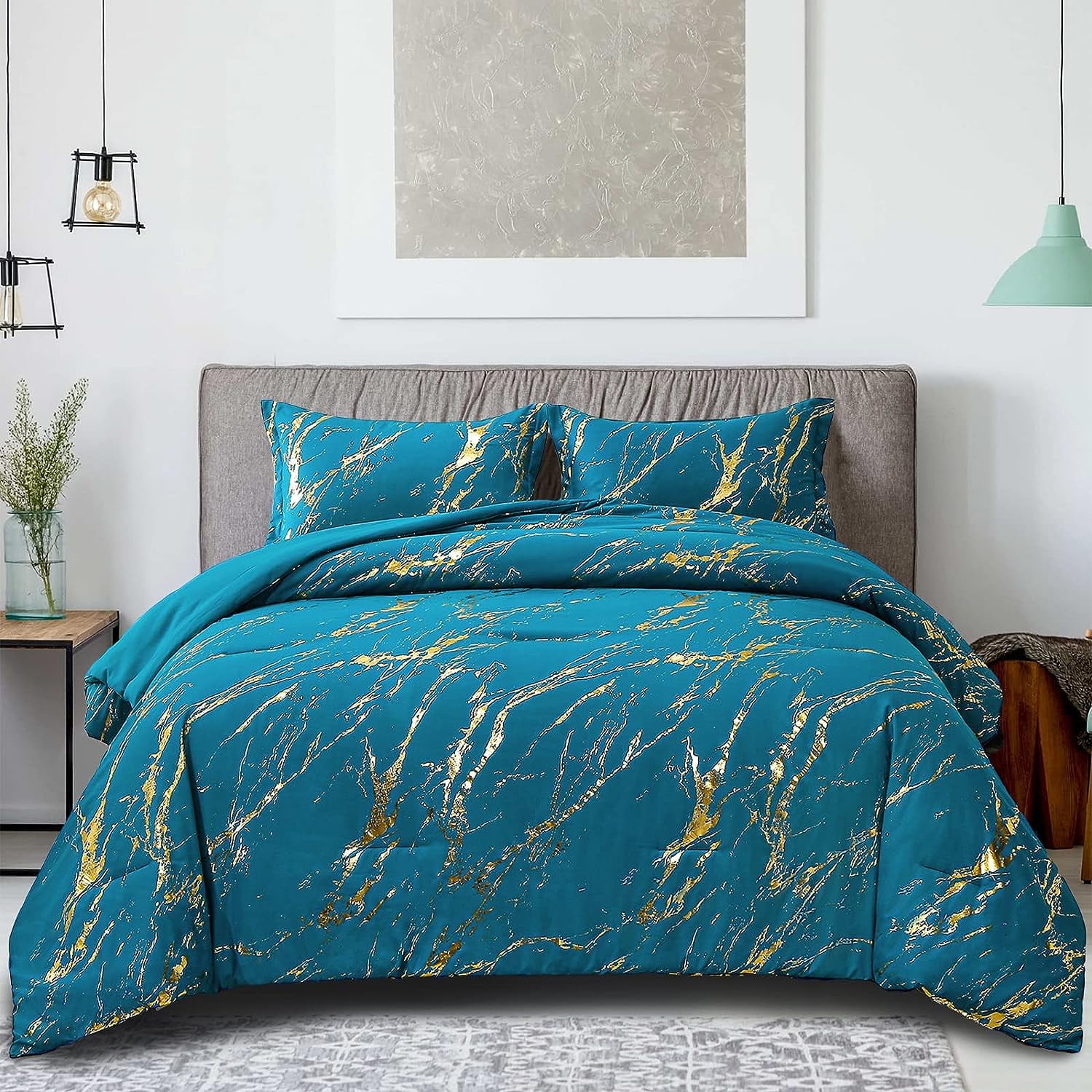 Teal Gold Metallic Marble Comforter Set Queen Size Bedding Set ...