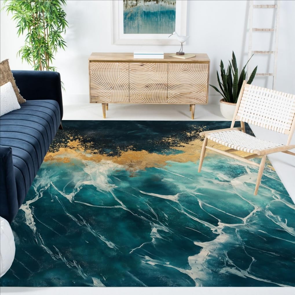 Teal Gold Modern Abstract Marble Rug For Living Room Bedroom Playroom ...