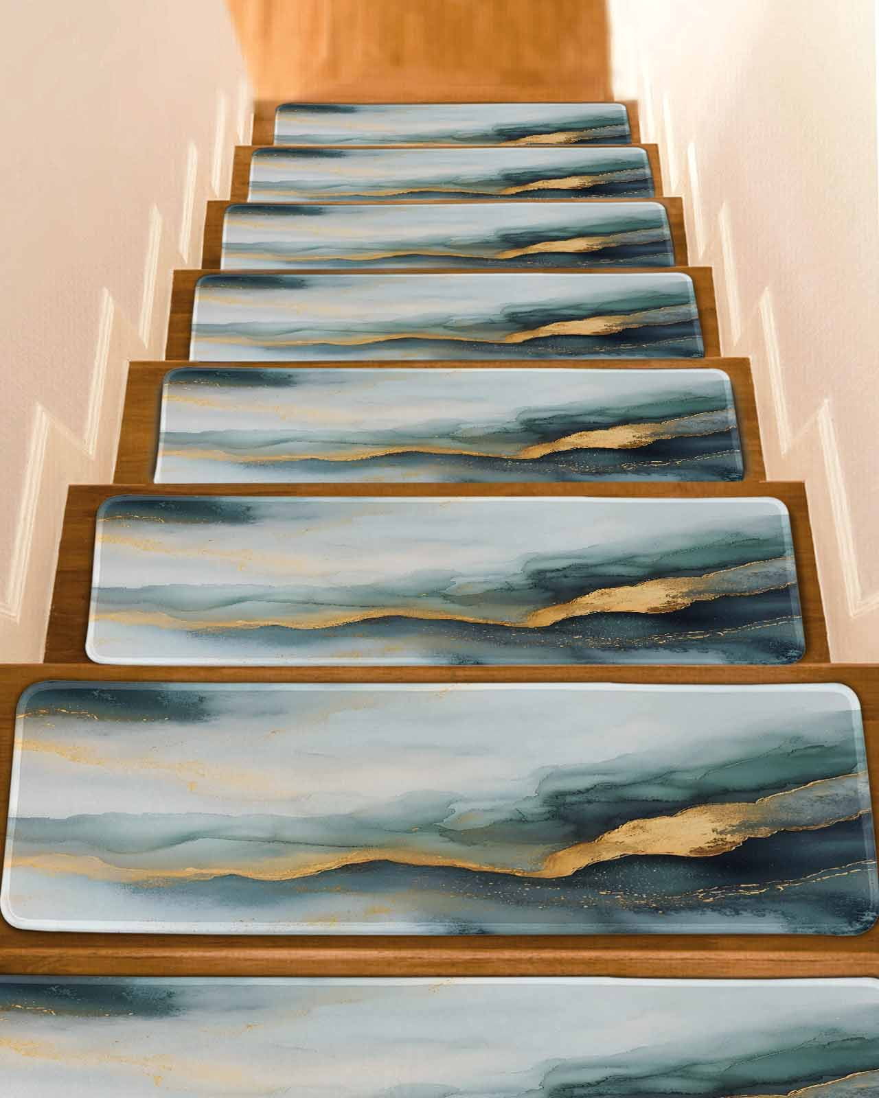 Teal Golden Marble Non-Slip Stair Treads for Wooden Steps, 15 Pack ...