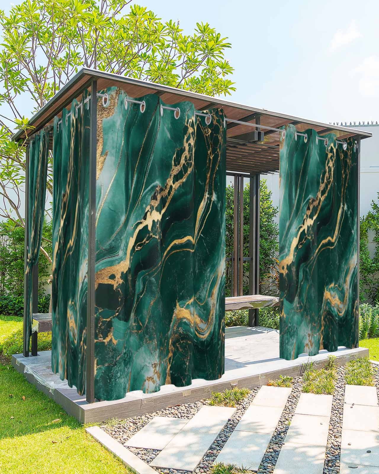 Teal Golden Marble Outdoor Curtains for Patio, Modern Farmhouse ...