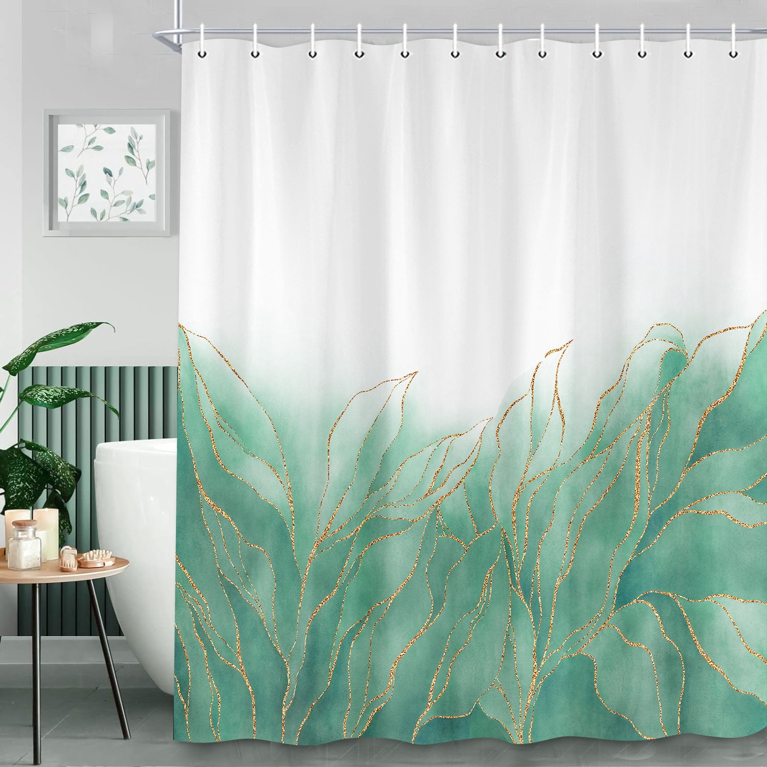 Teal and Golden Shower Curtain,Golden line Leaves Bathroom Curtain ...