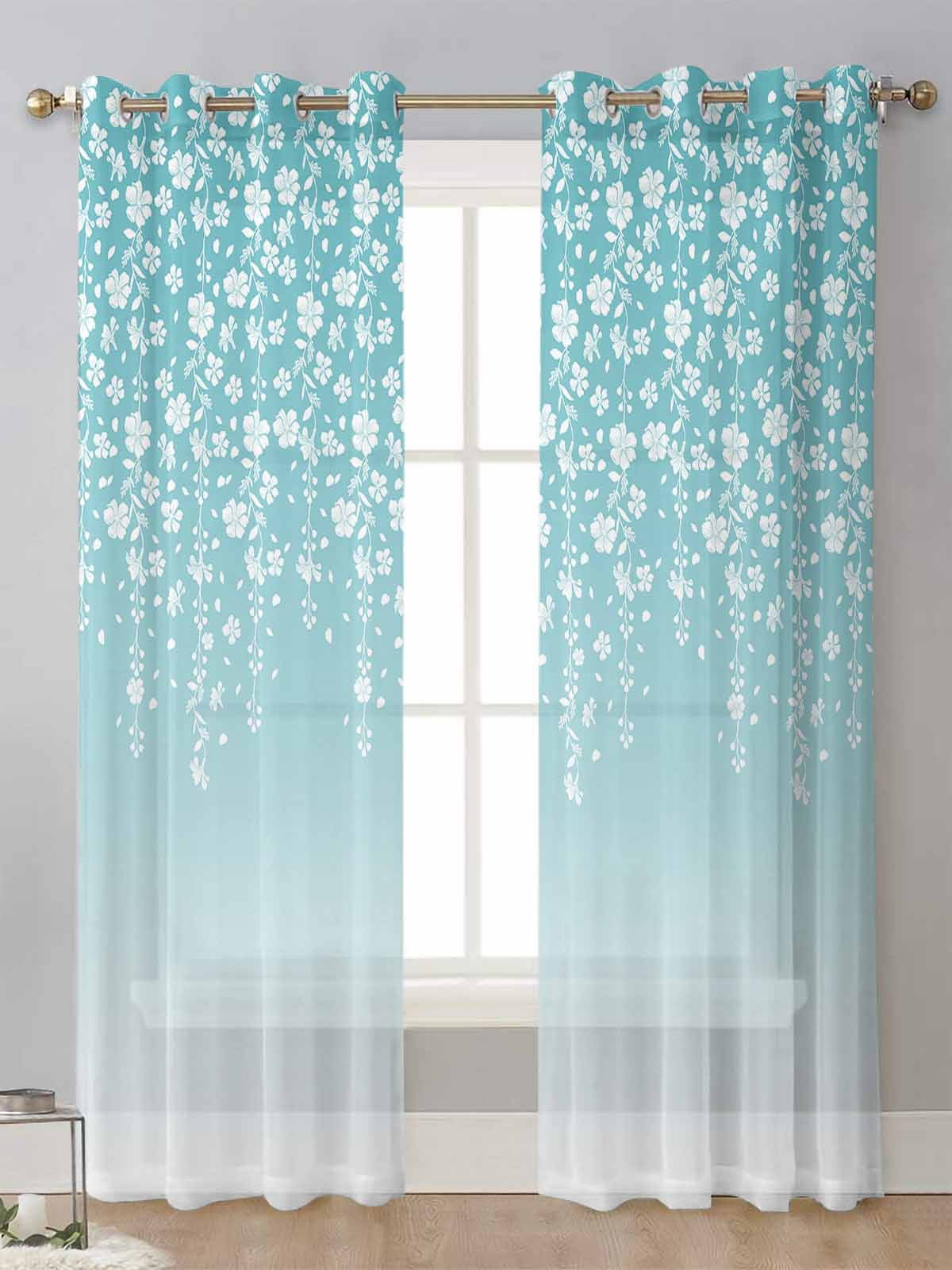 Teal Gradient Flower Sheer Curtains For Living Room Window Screening ...