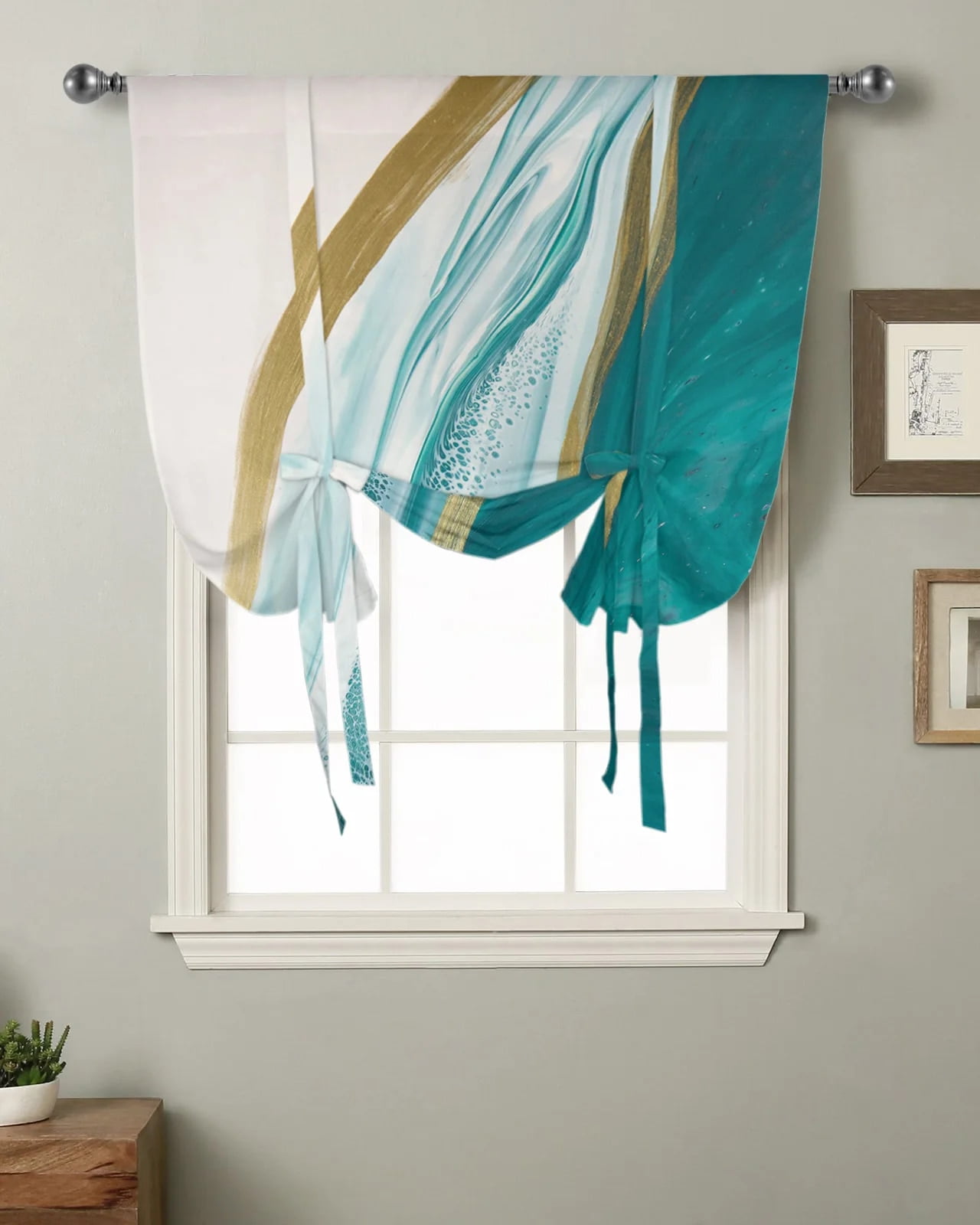 Teal Gradient Texture Marbling Watercolor Kitchen Short Window Curtain ...