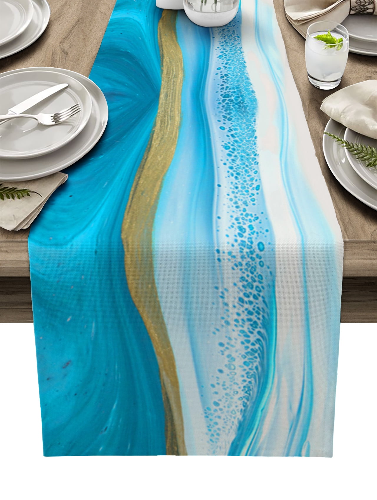 Teal Gradient Texture Marbling Watercolor Table Runner Home Wedding ...