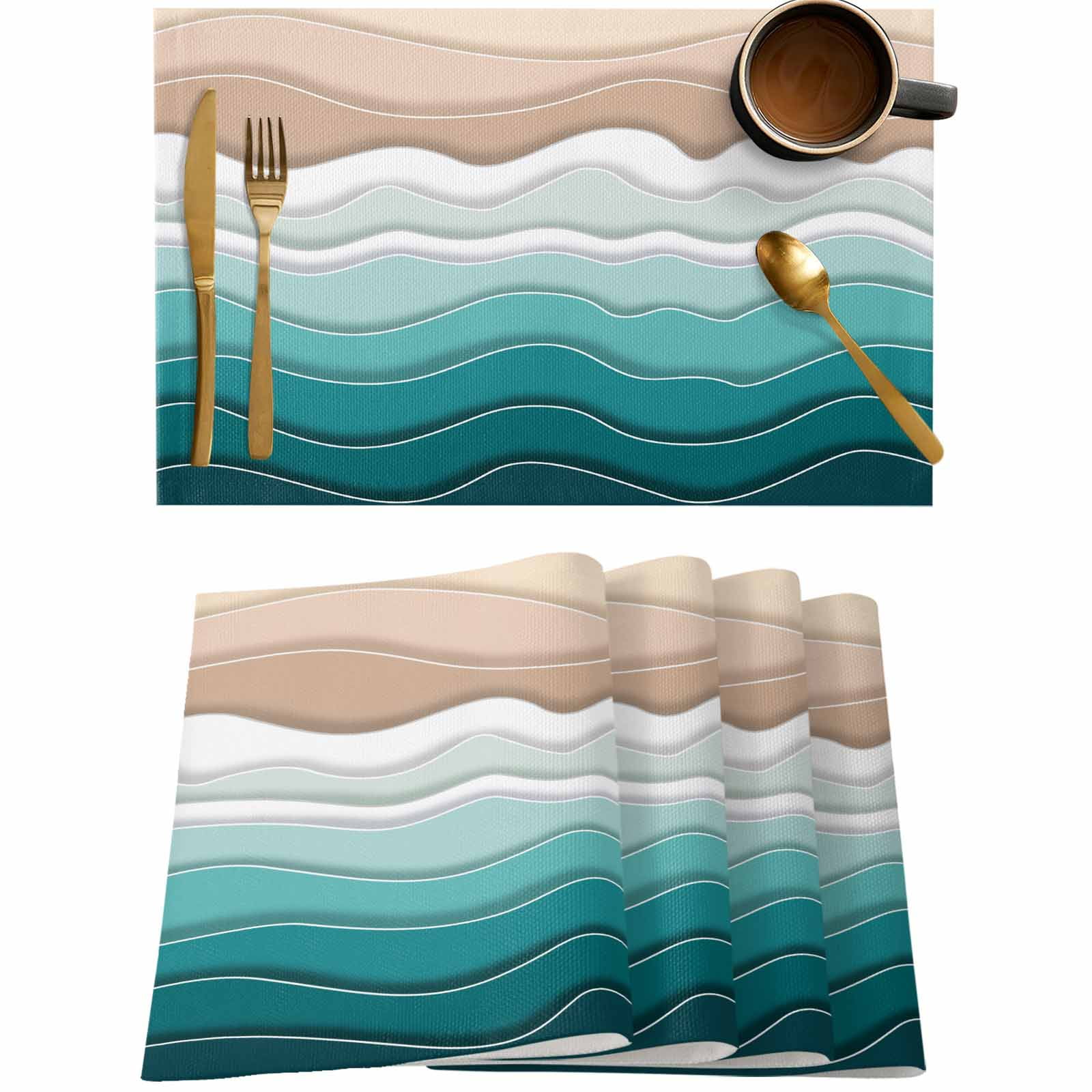 Teal Gradient Water Ripple Abstract Geometric Placemats Set of 4,Wipeable Washable Table Mats ...