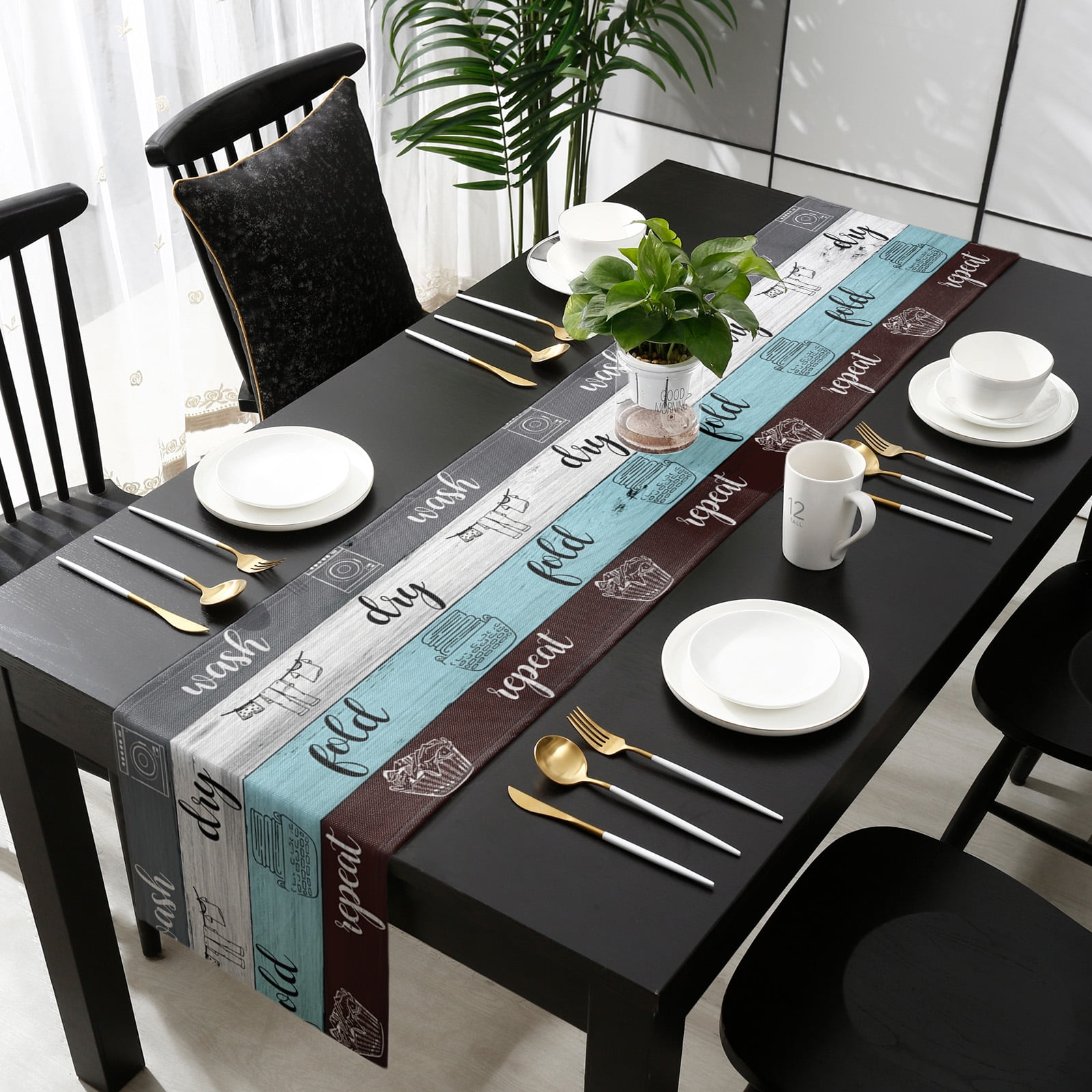 Teal Gray Brown Cotton Linen Small Table Runner 13 x 48 inch Vintage ...