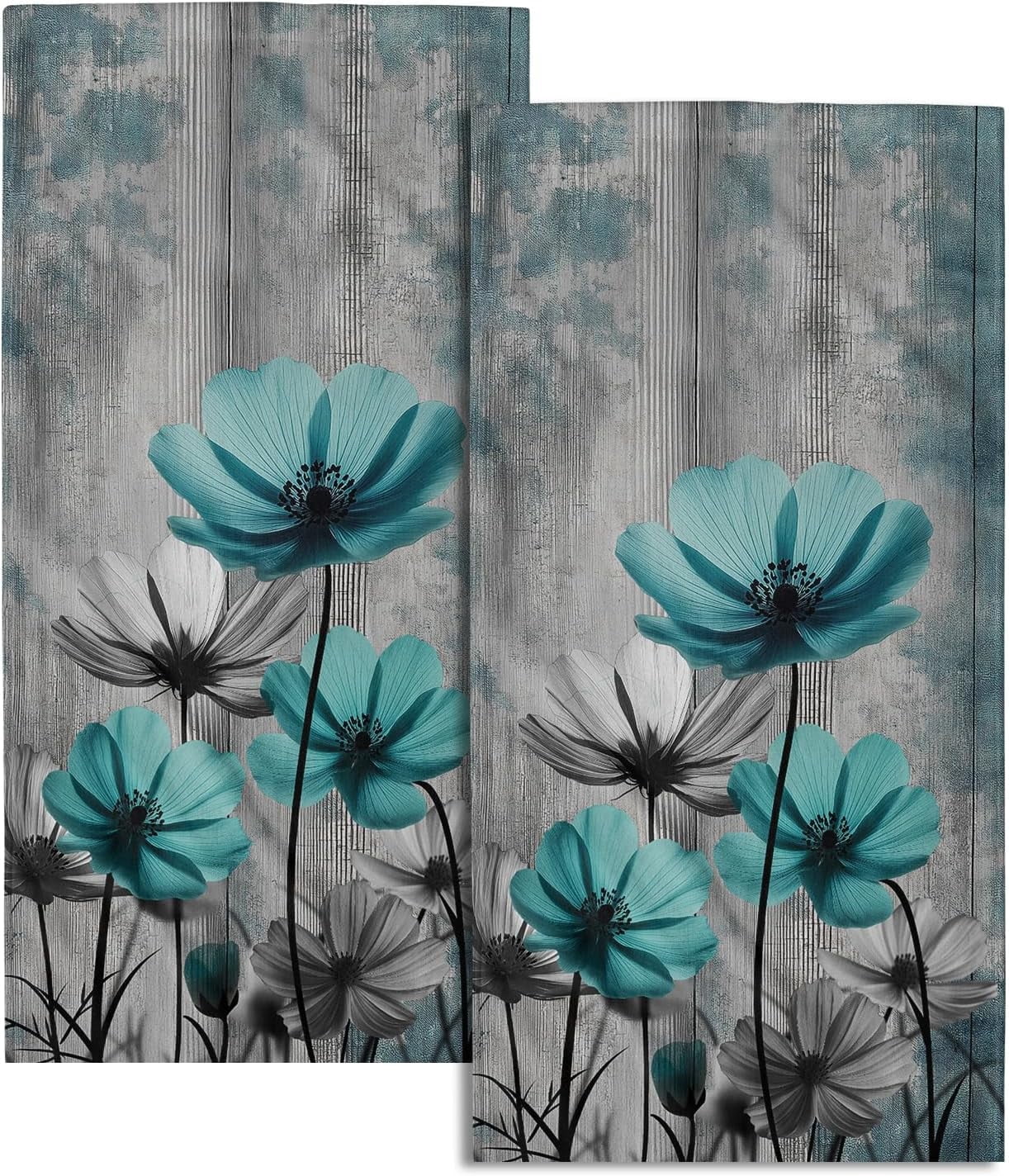 Teal Gray Floral Decorative Hand Towels for Bathroom Rustic Flower Wood ...