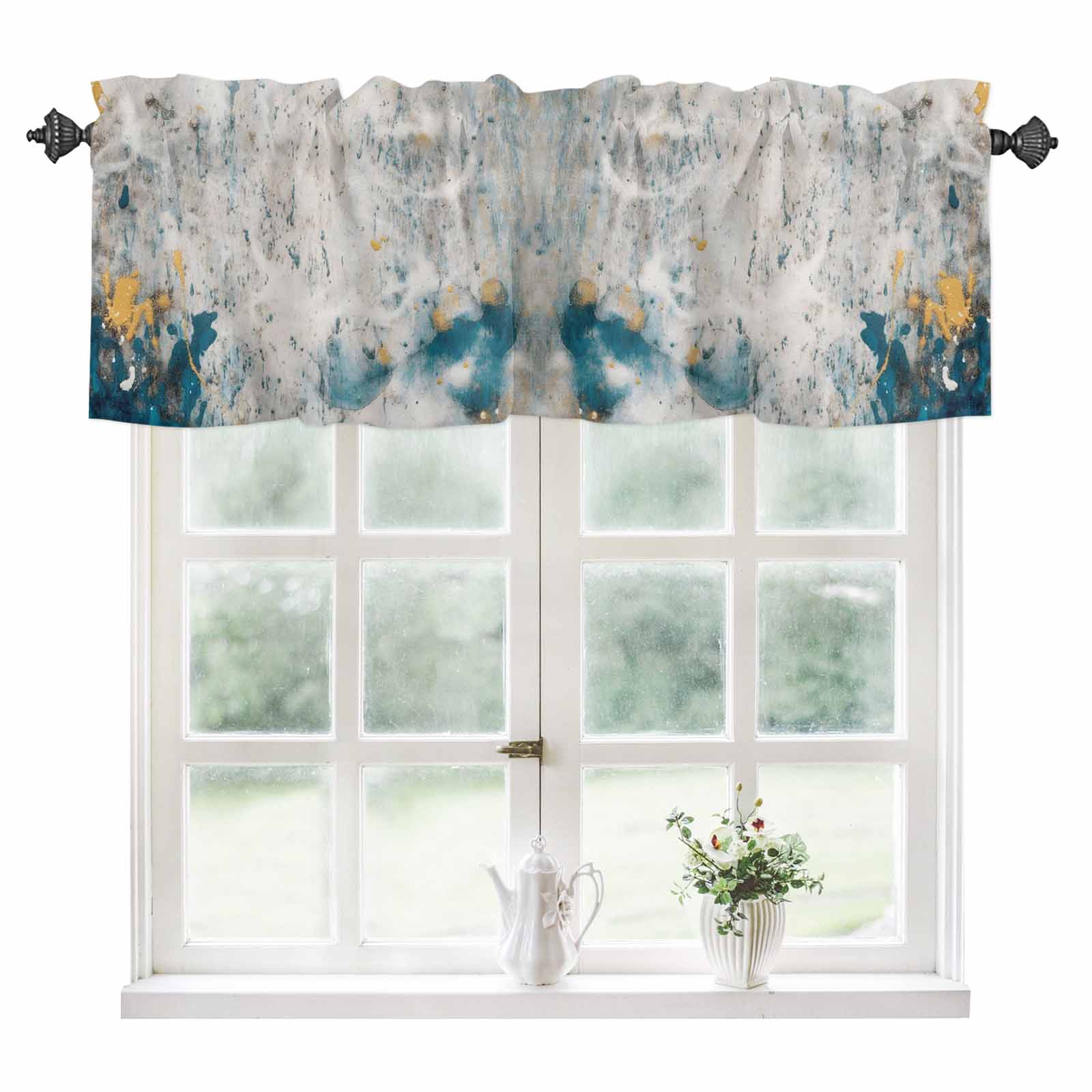 Teal Gray Glod Kitchen Valances for Windows 60x18 Inch Kitchen Curtains ...