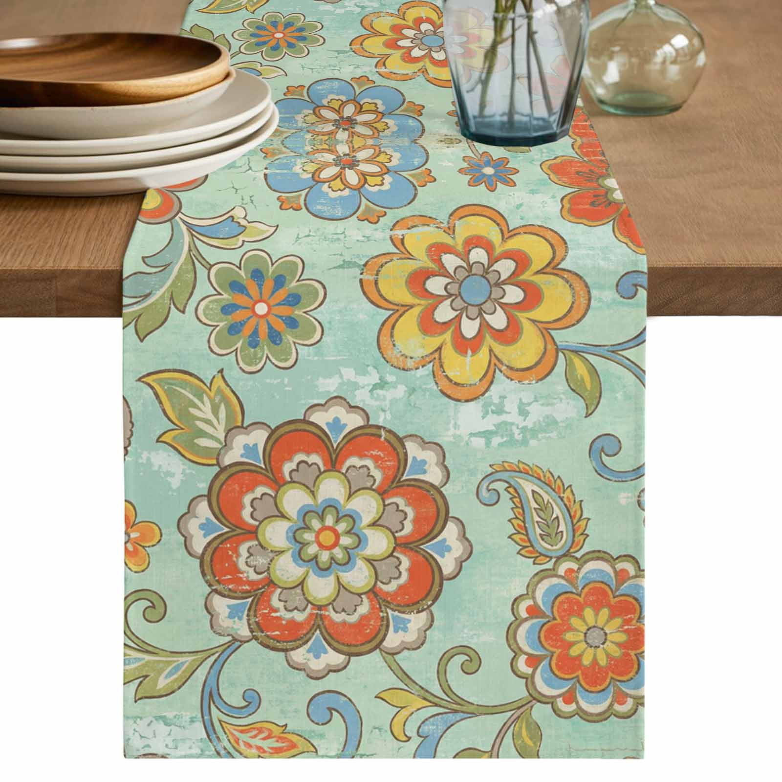 Teal Green Boho Floral Cotton Linen Table Runner for Dining Kitchen ...