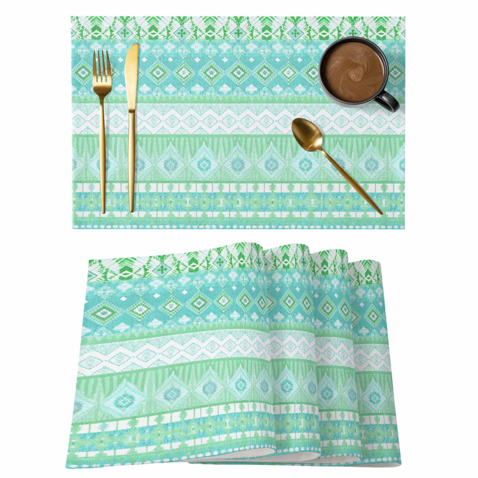 Teal Green Boho Placemats Set of 4, Vintage Ethnic Tribe Abstract Art ...