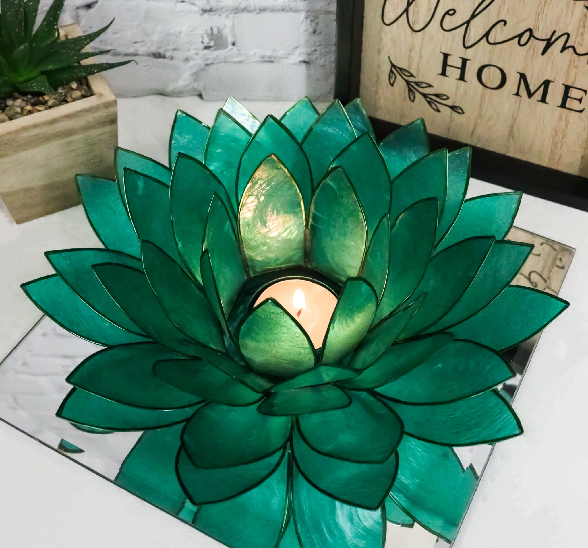 Teal Green Capiz Seashells Lotus Flower Votive Tea Light Candle Holder ...