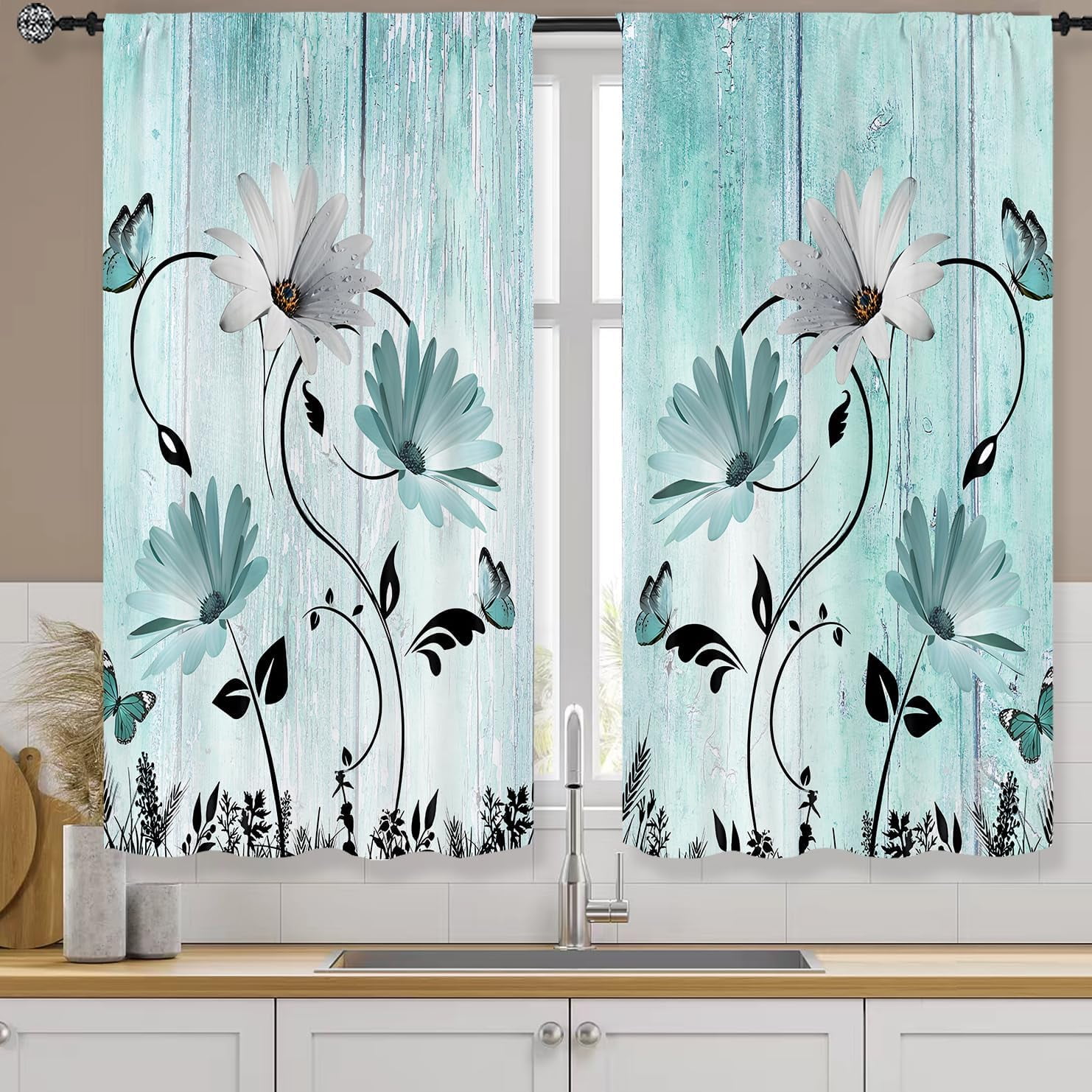 Teal Green Daisy Kitchen Curtains Rod Pocket Rustic Turquoise Aqua ...