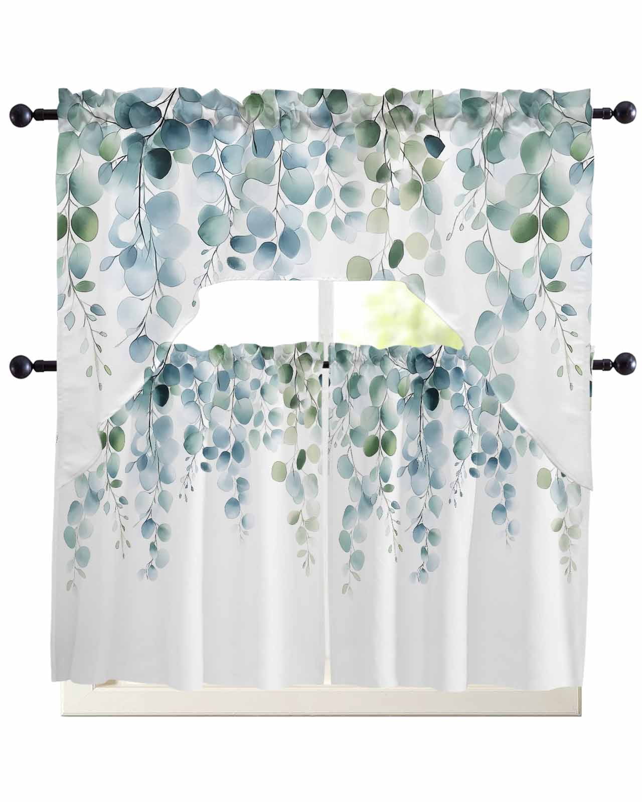 Teal Green Eucalyptus Leaves Kitchen Curtains Swag Valance and Tier ...