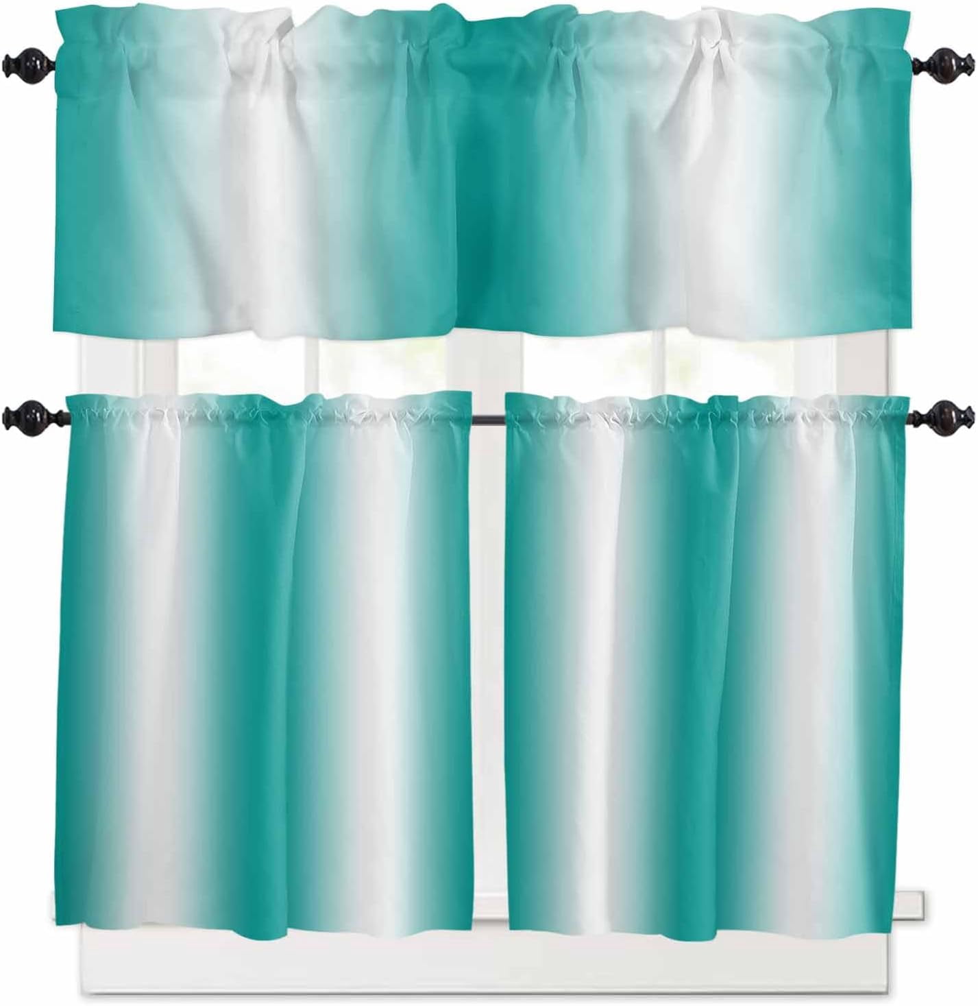 Teal Green Gradient Kitchen Curtains and Valances Set, Countryside ...