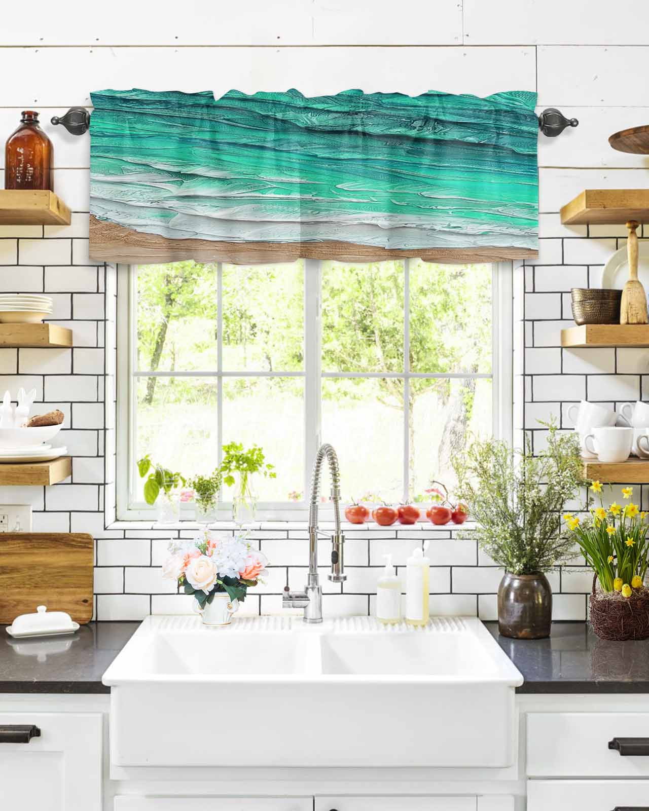Teal Green Gradient Ocean Beach Window Valances for Kitchen,Rod Pocket ...
