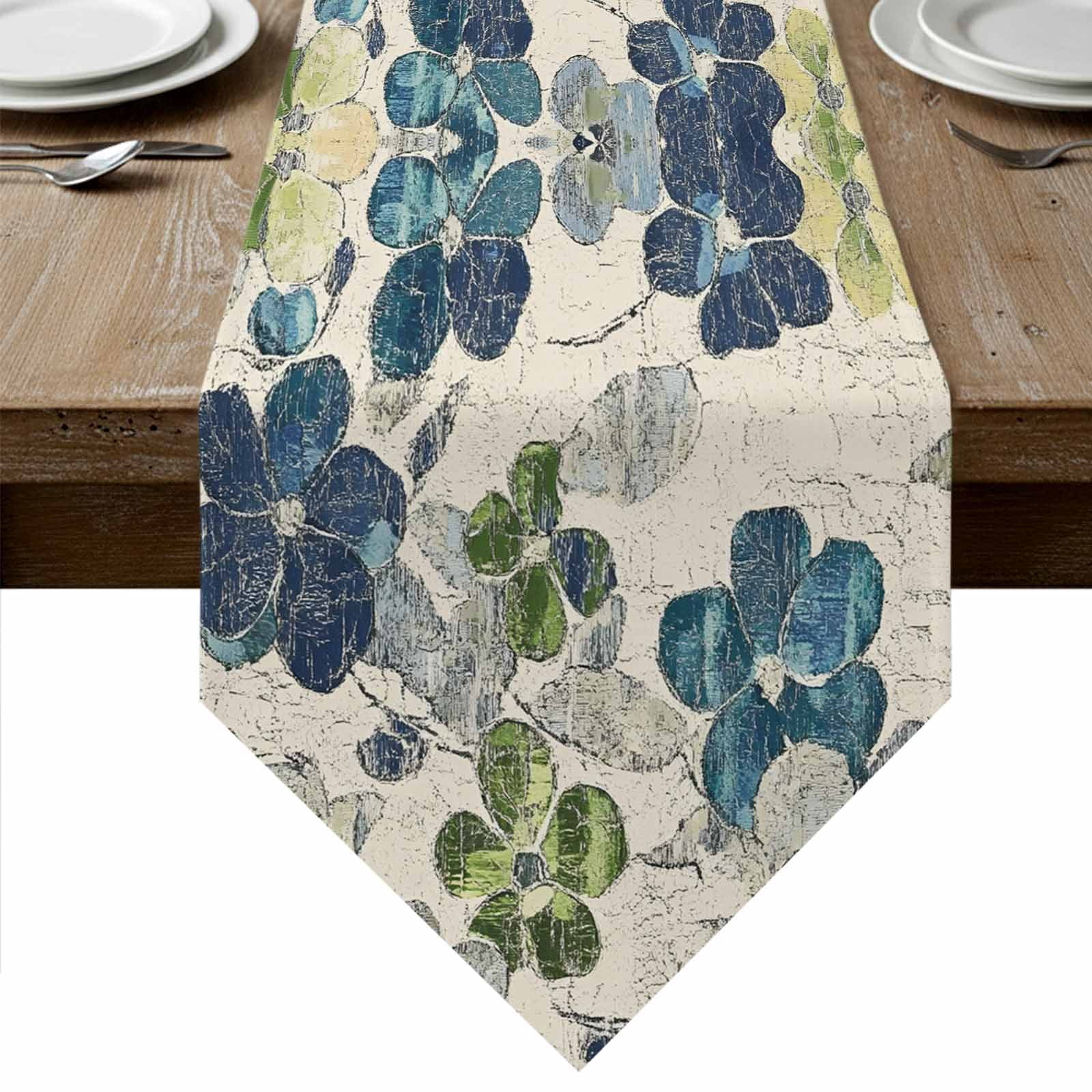 Teal Green Grey Leaves Table Runner Linen Burlap Table Runner 60 Inches ...