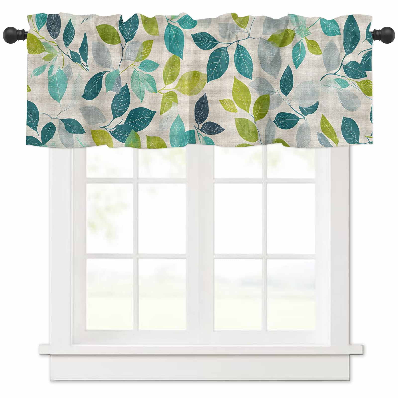 Teal Green Leaves Valances for Windows Farmhouse Kitchen Curtains ...