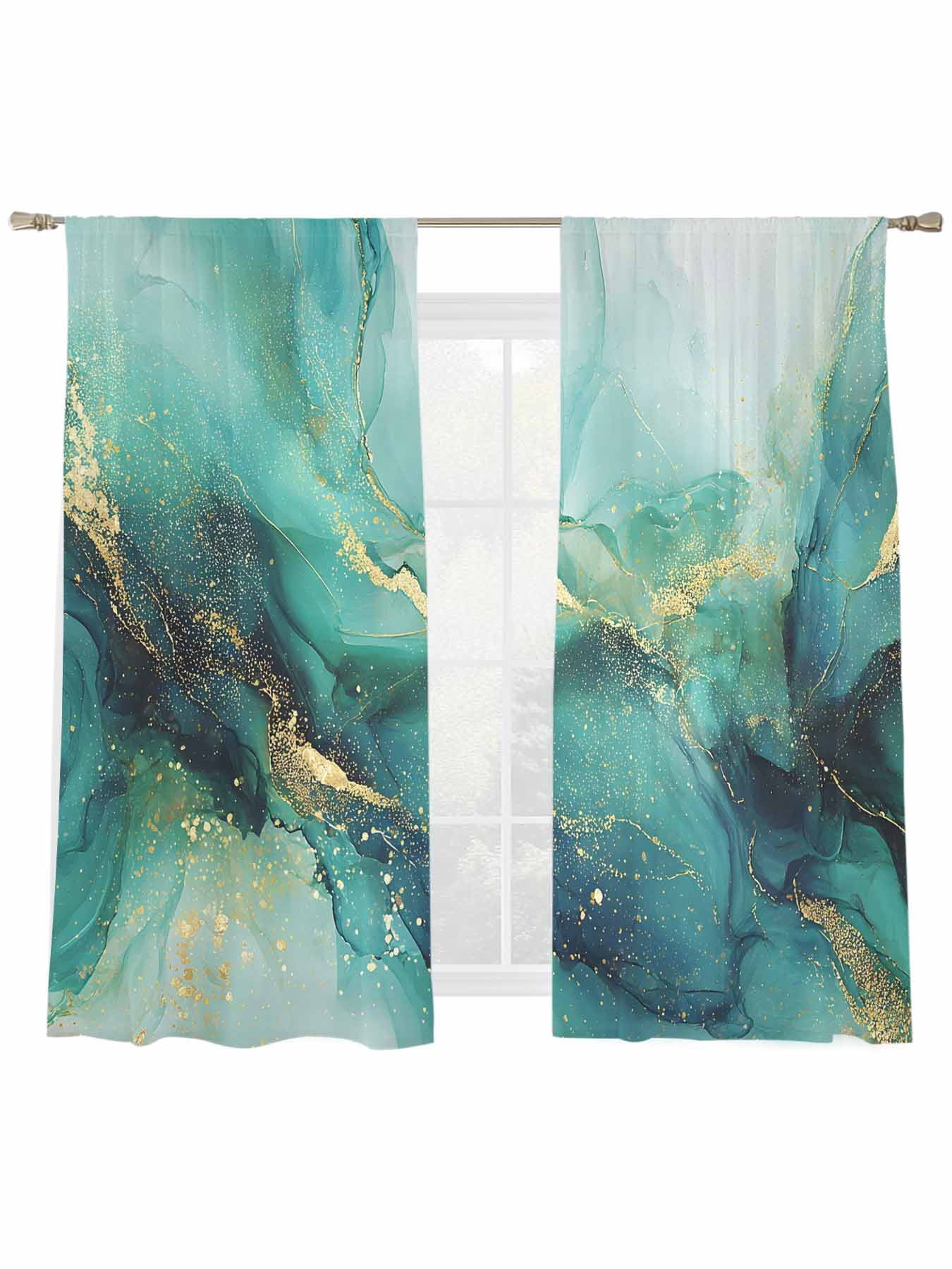 Teal Green Marble Sheer Curtains 2 Panels Set Abstracts Glod Ombre ...