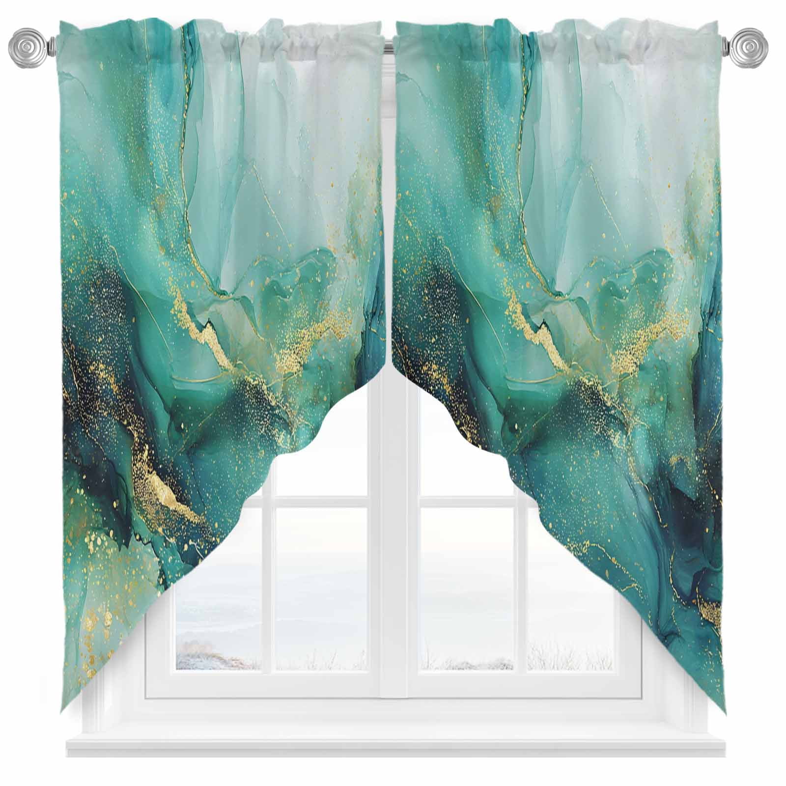 Teal Green Marble Swag Kitchen Curtain Valances, Abstracts Glod Ombre ...