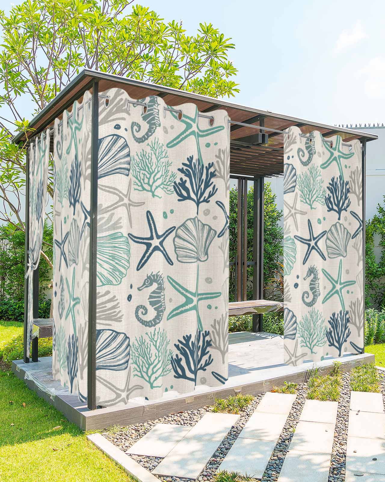 Teal Green Ocean Outdoor Curtains for Patio Waterproof,Coastal Coral ...